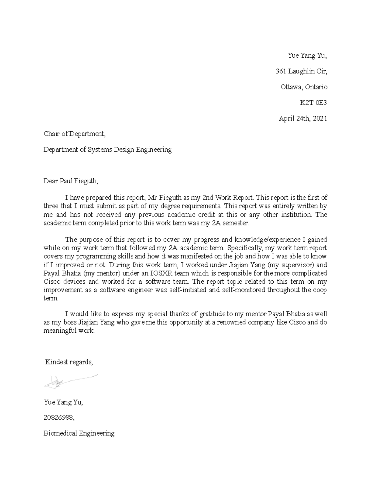 Work term report 1 report - Yue Yang Yu, 361 Laughlin Cir, Ottawa ...