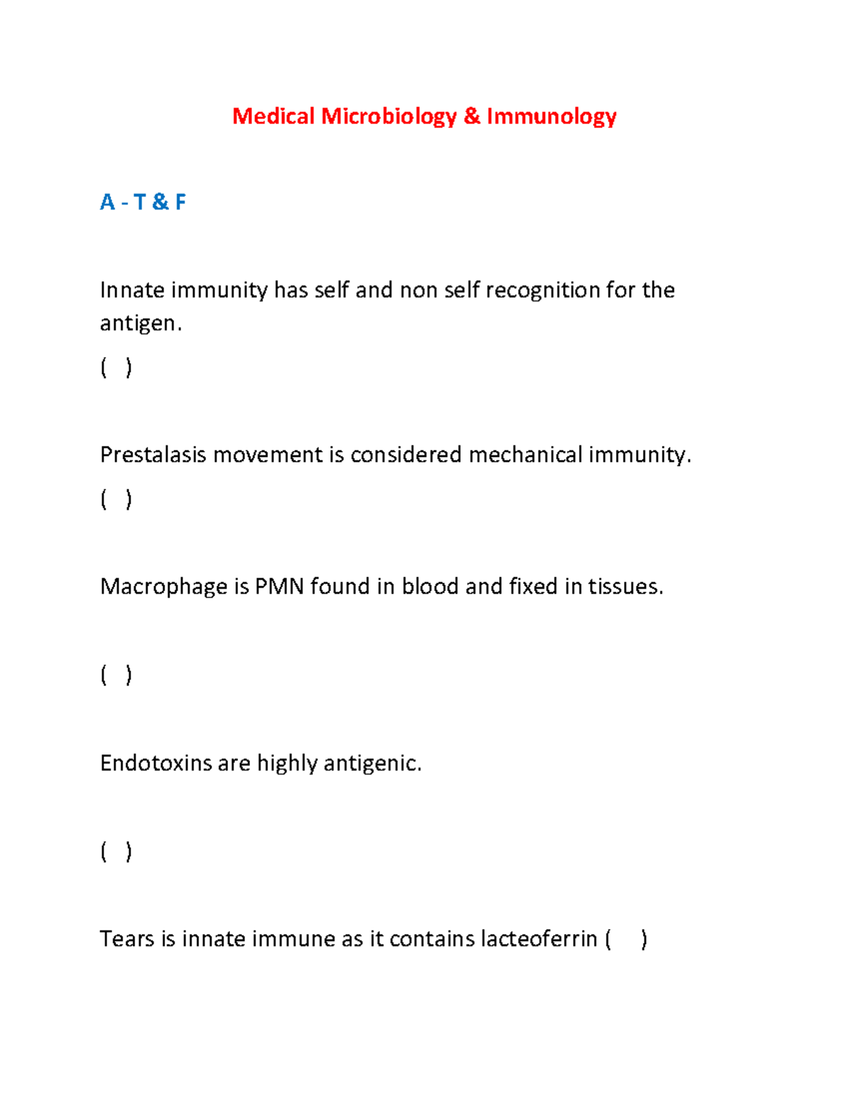 Immunology Questions - Medical Microbiology & Immunology A - T & F ...