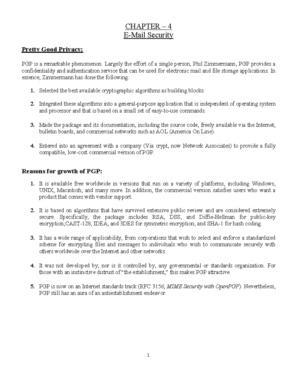 Computer Security Chapter 4-7 - CHAPTER – 4 E-Mail Security Pretty Good Privacy: PGP is a ...