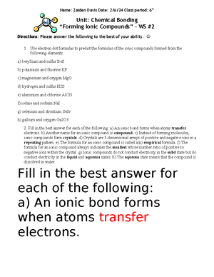 Homework-WS1-Basics of Bonding - Name: Zaiden Davis Date: 2/6/24Class ...