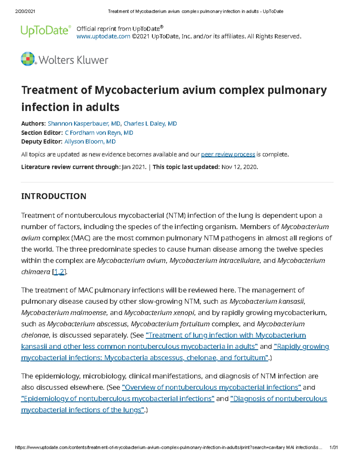 Treatment of Mycobacterium avium complex pulmonary infection in adults ...
