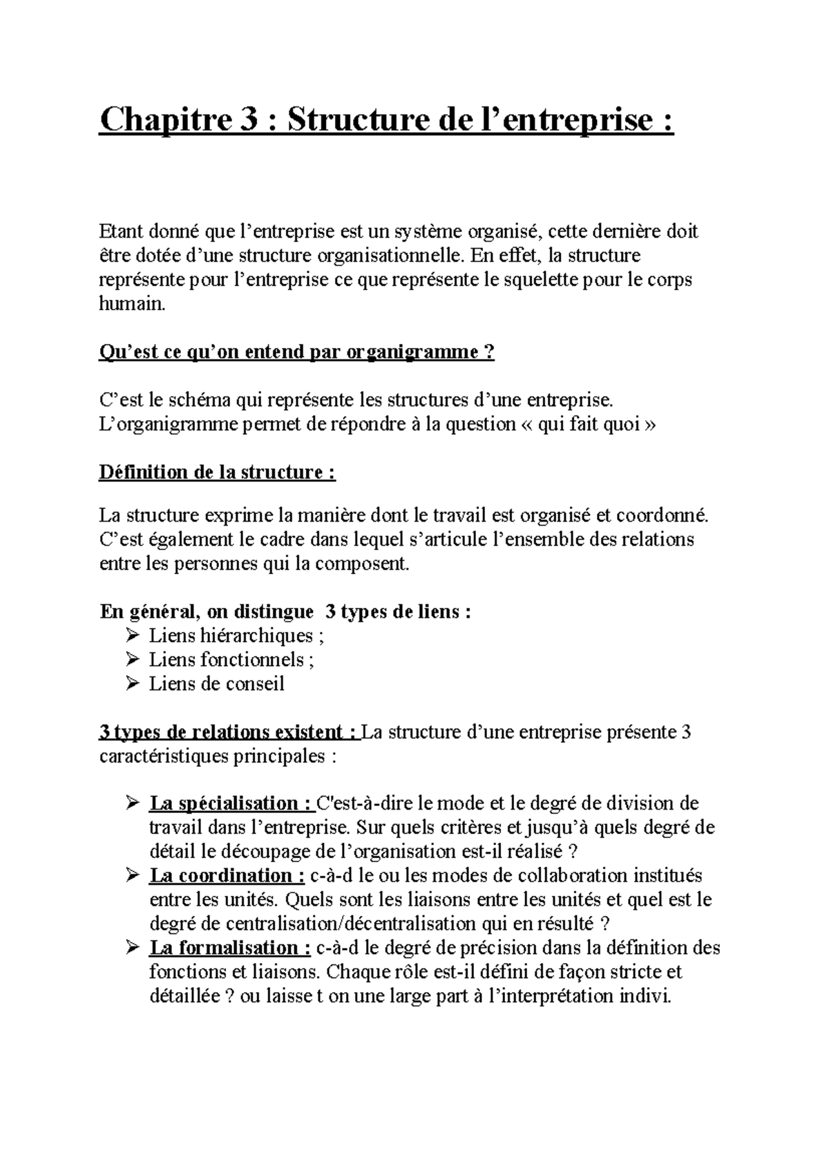 E.O.E Chapitre 3 - Chapitre 3 : Structure de l’entreprise : Etant donné que l’entreprise est un ...