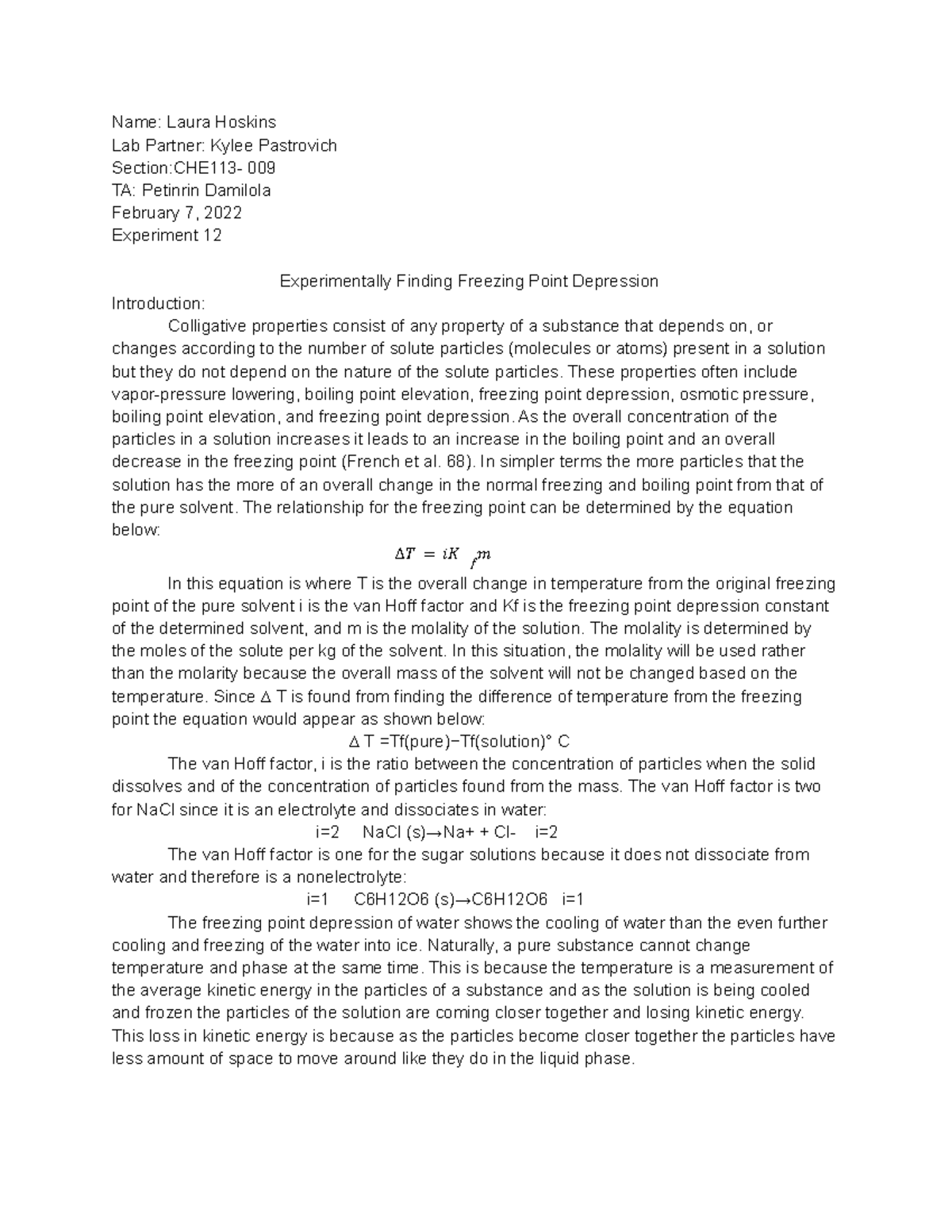 12 Hoskins Laura - Experiment 12 Spring 2022 - Name: Laura Hoskins Lab ...