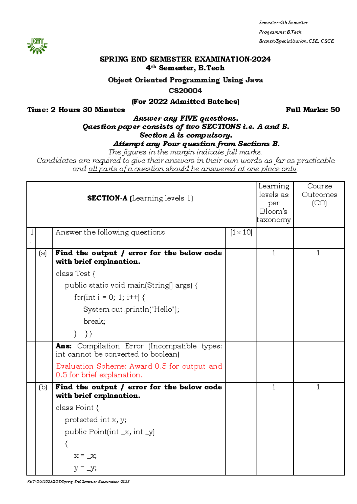 CS-2000 4(OOP)-CS END April 2024 - SPRING END SEMESTER EXAMINATION- 4 ...