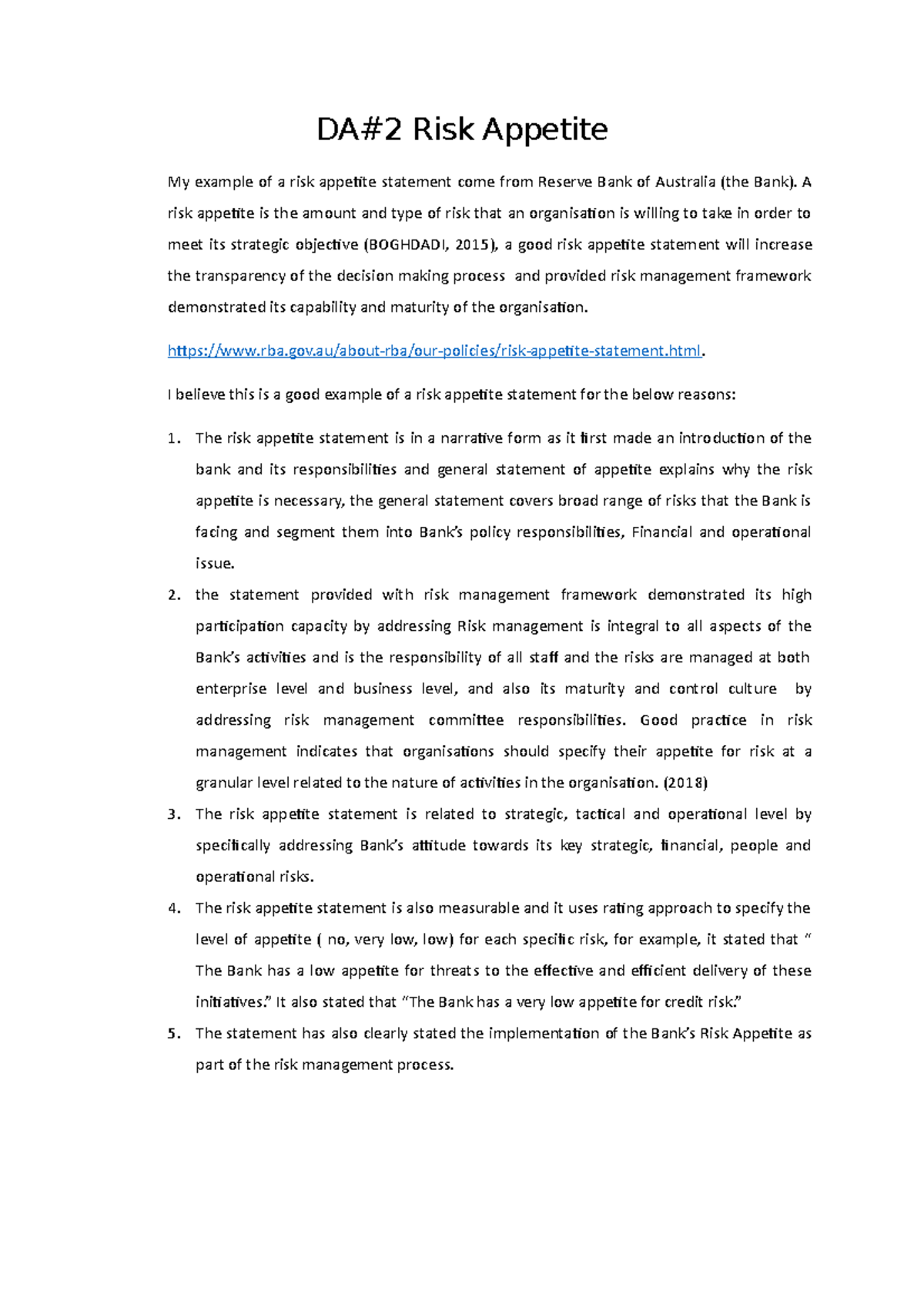 DA#2 Risk Appetite - prework - DA#2 Risk Appetite My example of a risk ...