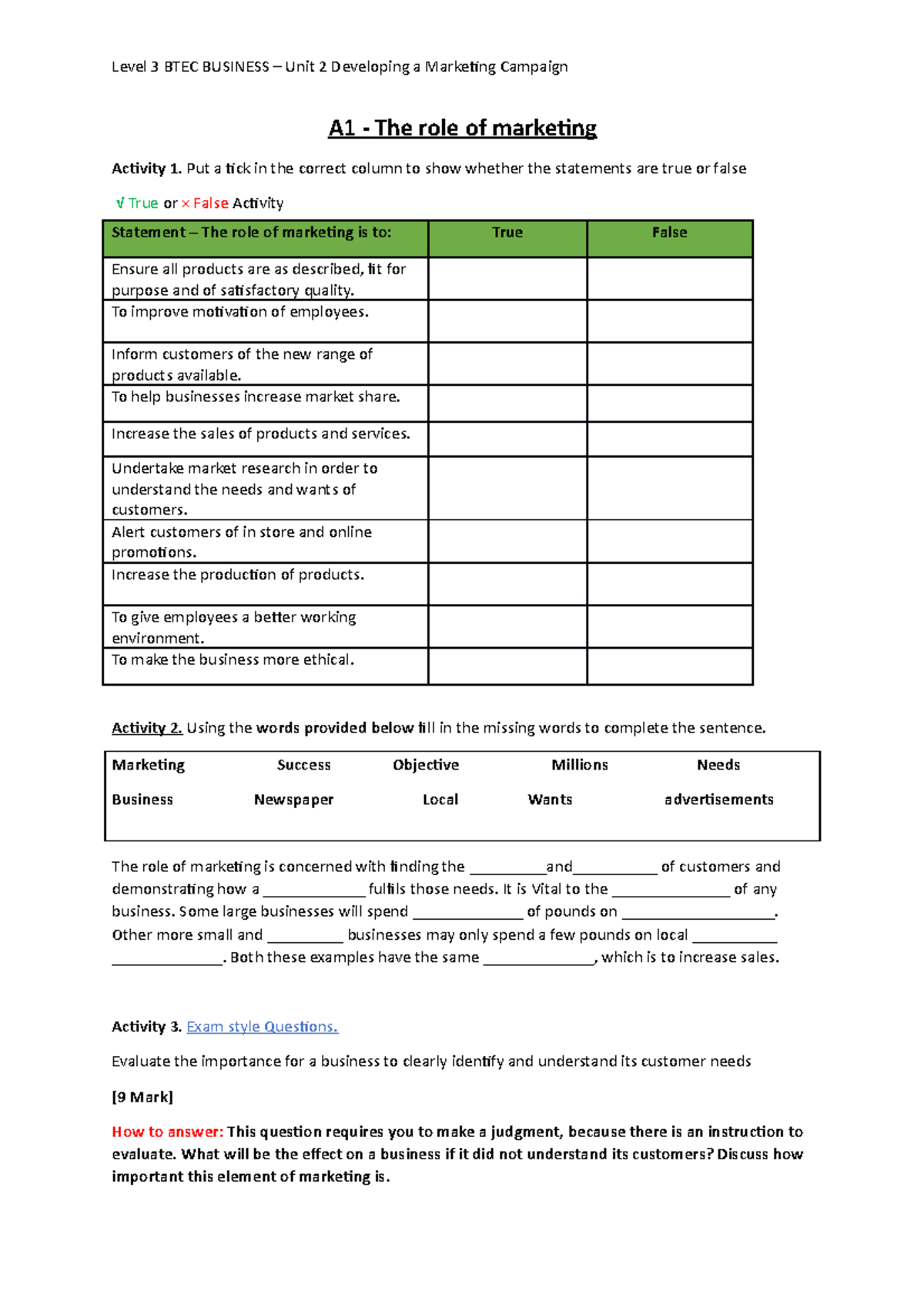 A1. The role of marketing - Level 3 BTEC BUSINESS – Unit 2 Developing a ...