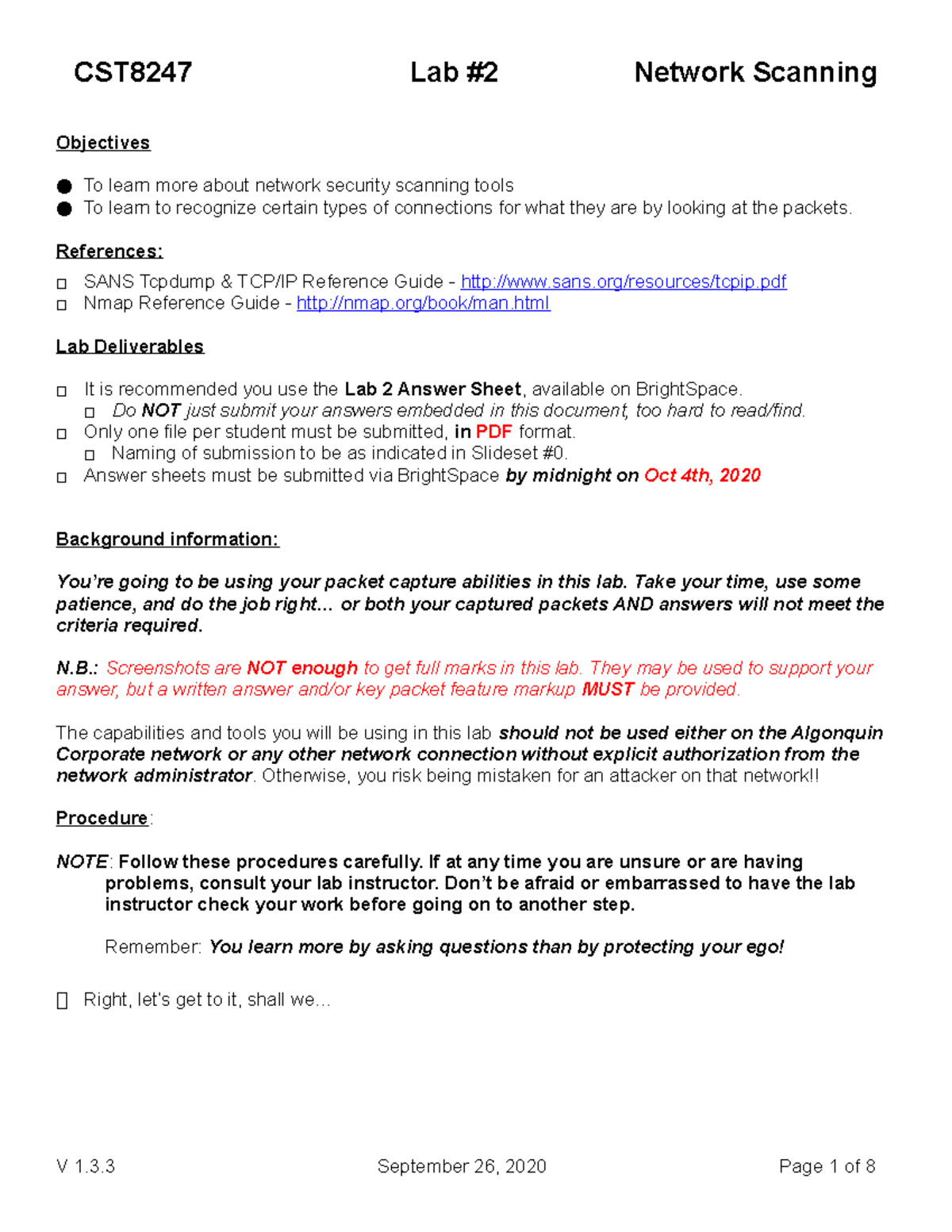 CST8247 Lab02 - Network Scanning - Objectives To learn more about ...