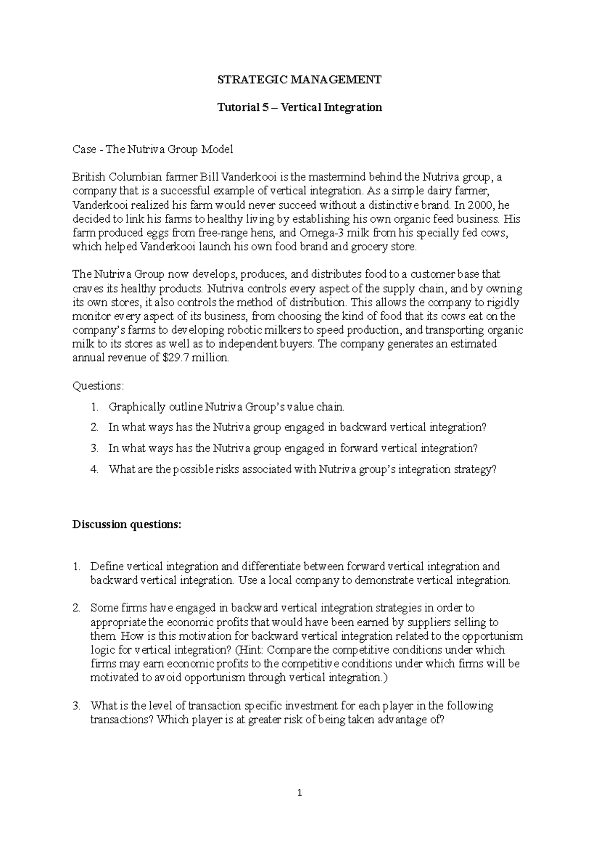 Unit 5 - Tutorial Sheet - STRATEGIC MANAGEMENT Tutorial 5 – Vertical ...