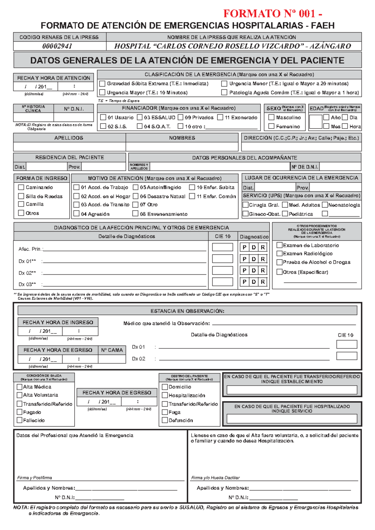 Formato emergencia - FORMATO DE ATENCIÓN DE EMERGENCIAS HOSPITALARIAS ...