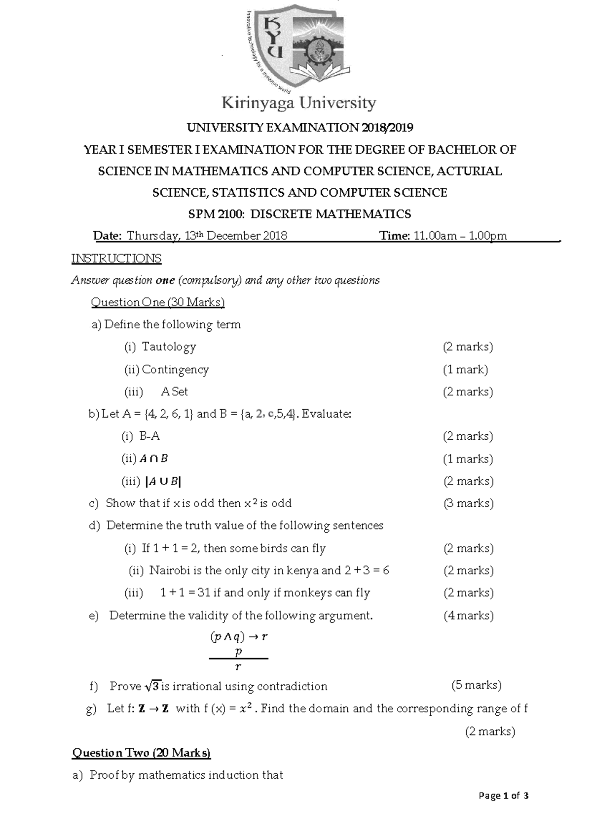 SPM 2100 Discrete Mathematics-2 - Page 1 of 3 UNIVERSITY EXAMINATION 2018/ YEAR I SEMESTER I ...