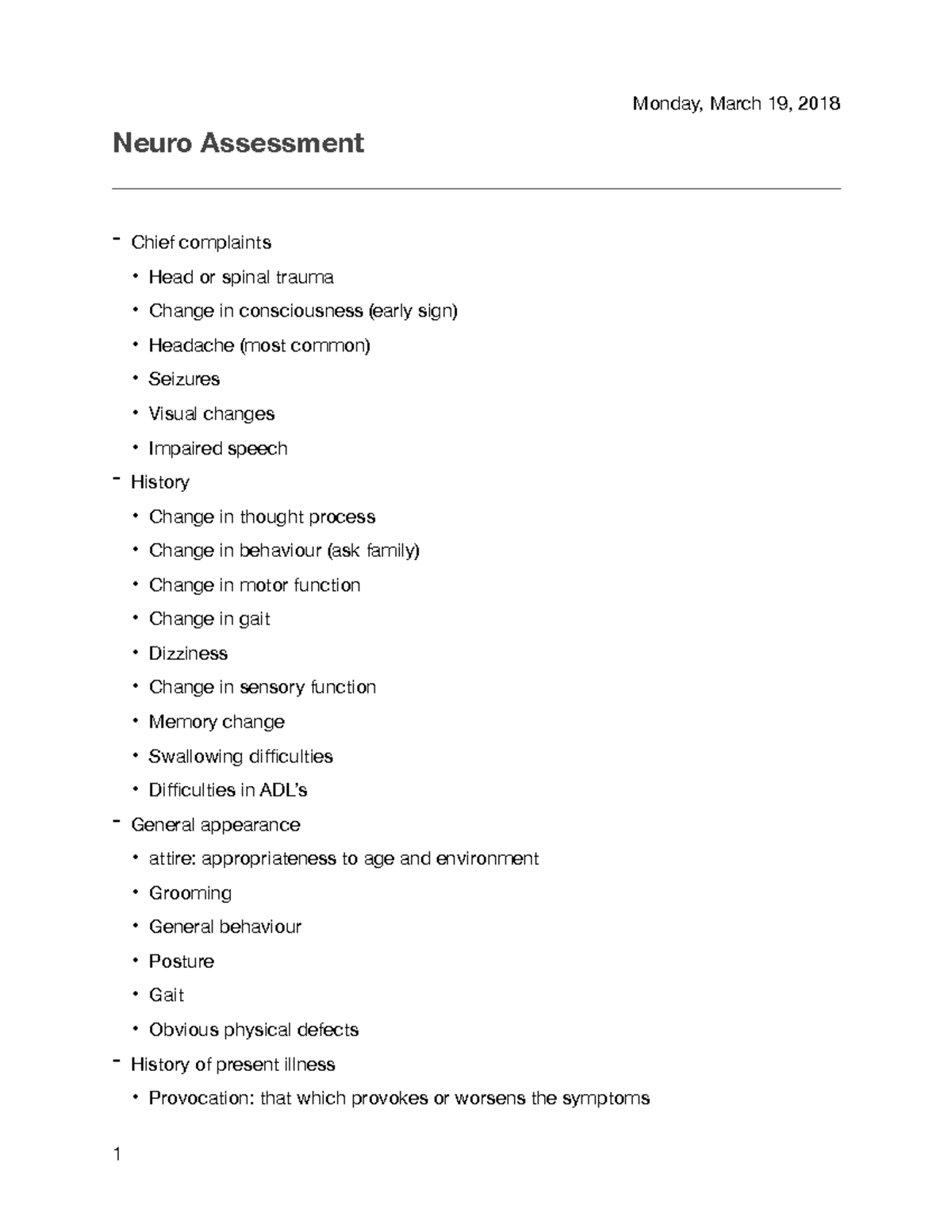 Neuro Assessment Notes - Monday, March 19, 2018 Neuro Assessment Chief ...