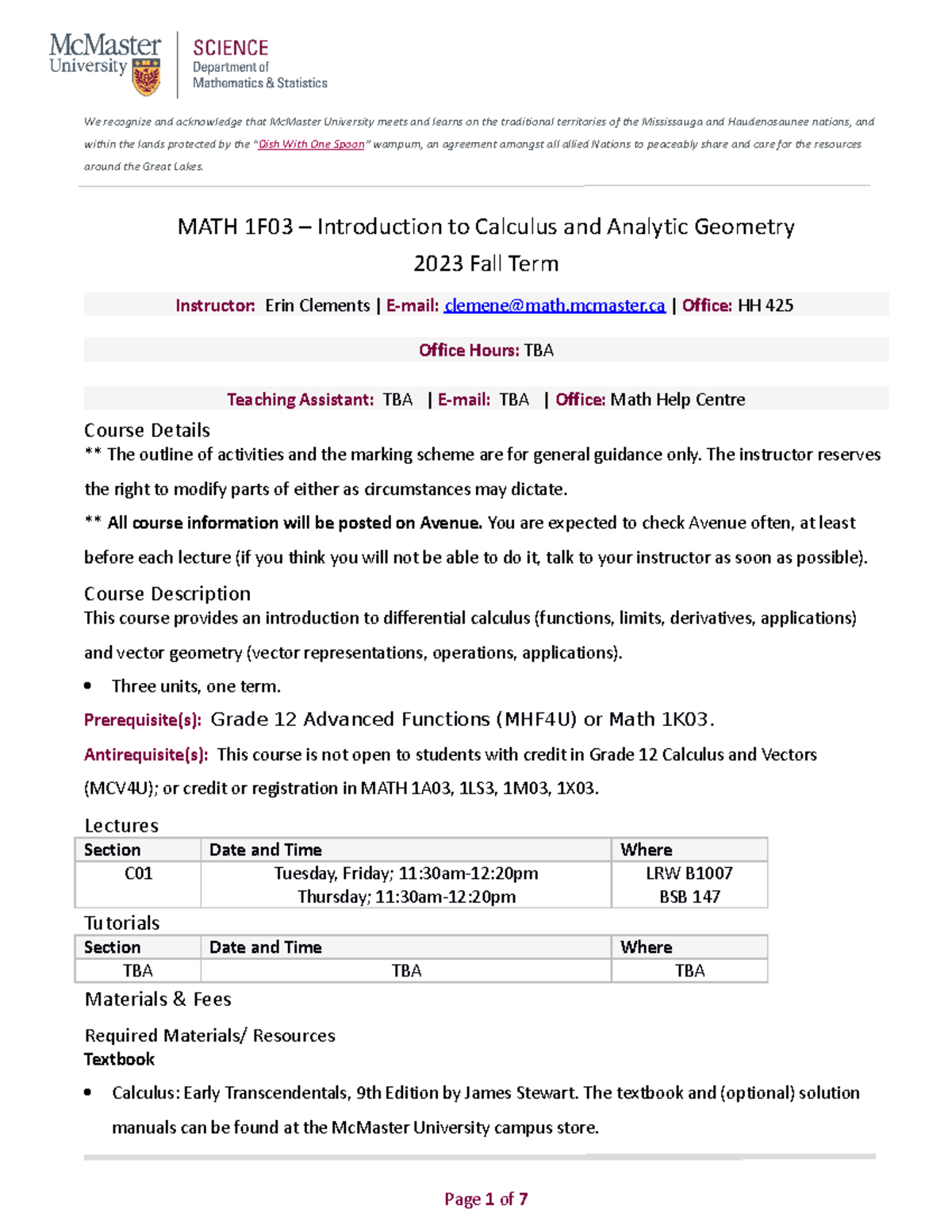 MATH 1F03 - Calculus and Vectors - F2023 - We recognize and acknowledge ...