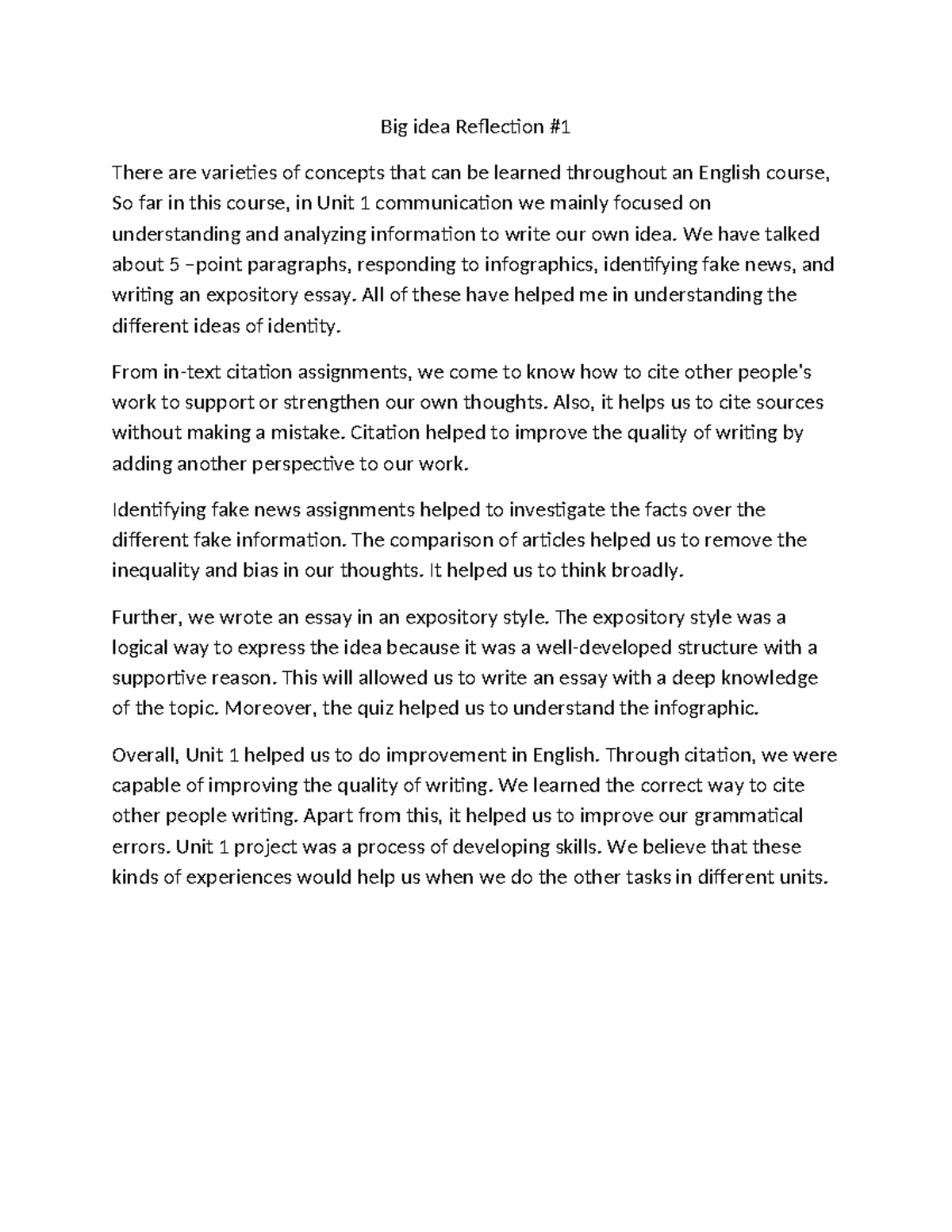 Big idea Reflection - We have talked about 5 –point paragraphs ...