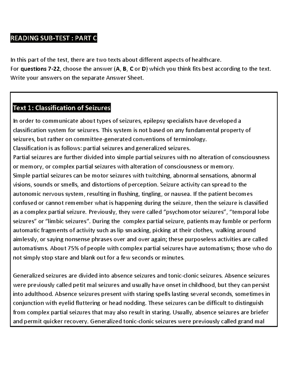 Toaz - oet reading - READING SUB-TEST : PART C In this part of the test ...