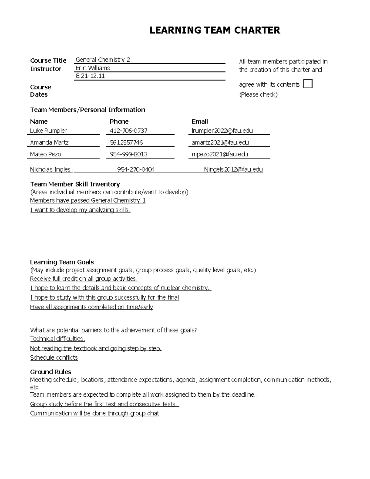 Learning TEAM Charter (1) - LEARNING TEAM CHARTER Course Title General ...