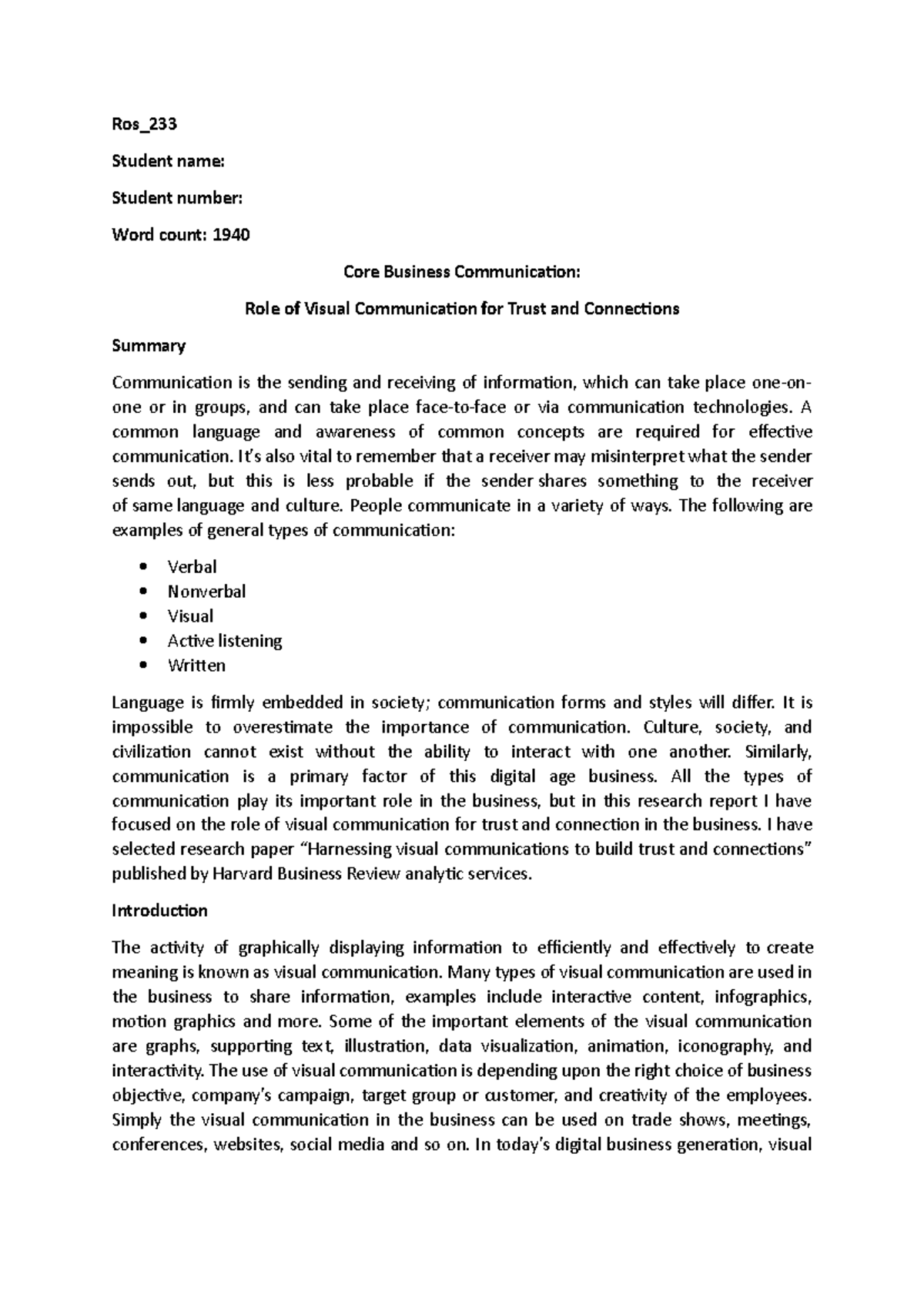 Ros 233 research report on research paper of core communication - Ros ...
