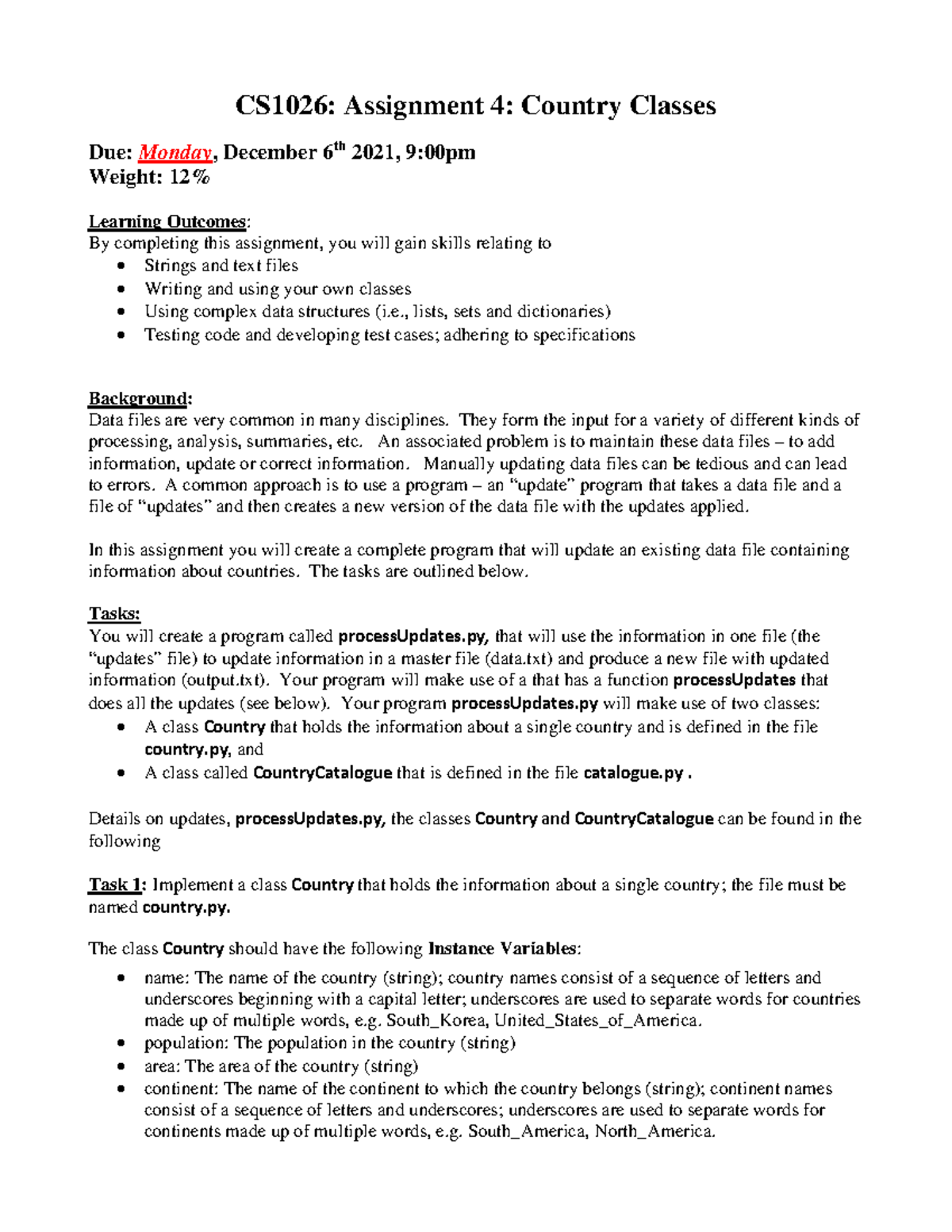 Calculus Assignment 4 first years - CS1026: Assignment 4: Country Classes Due: Monday , December ...