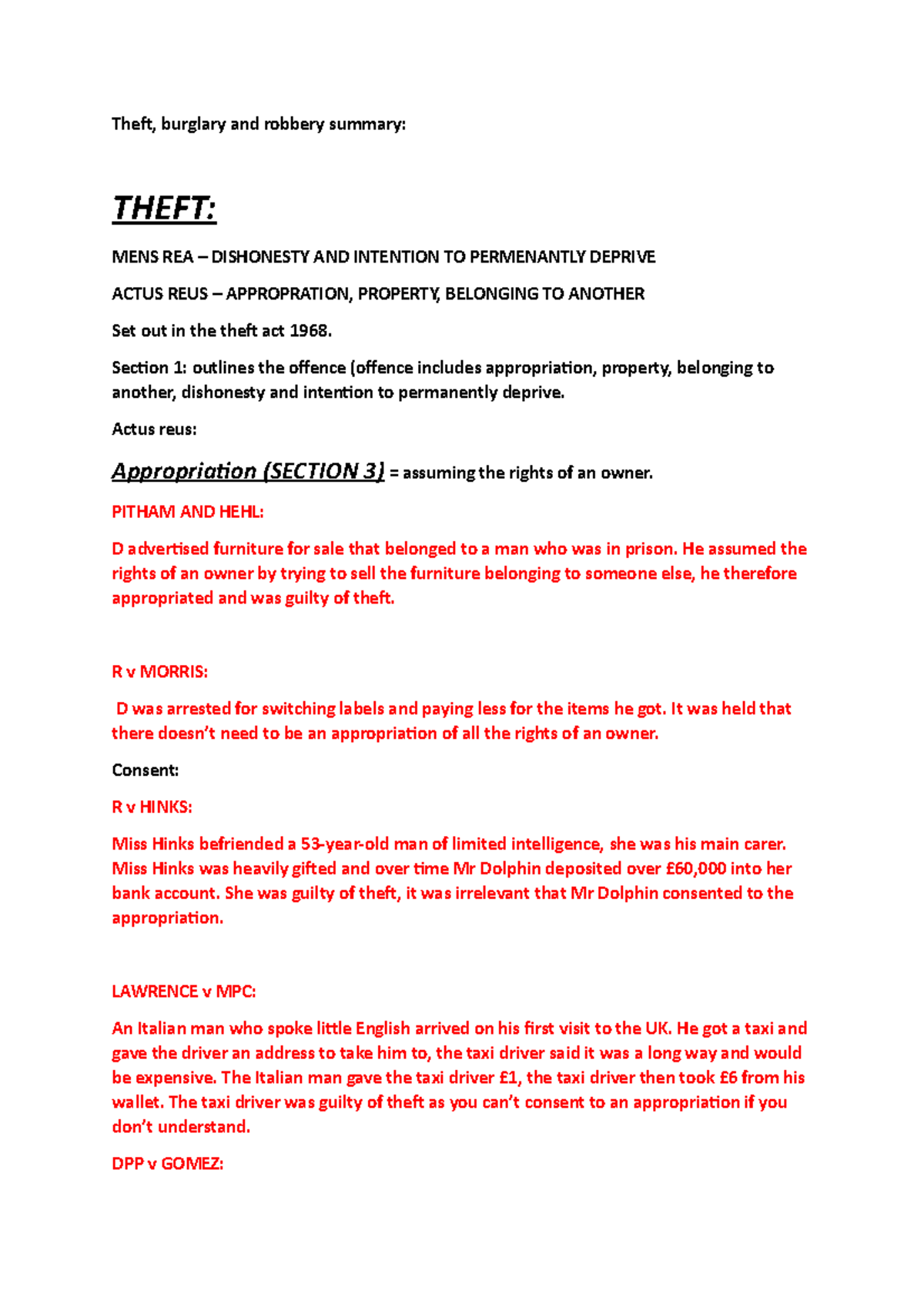 Theft, Burlgary and Robbery summary complete - Theft, burglary and ...