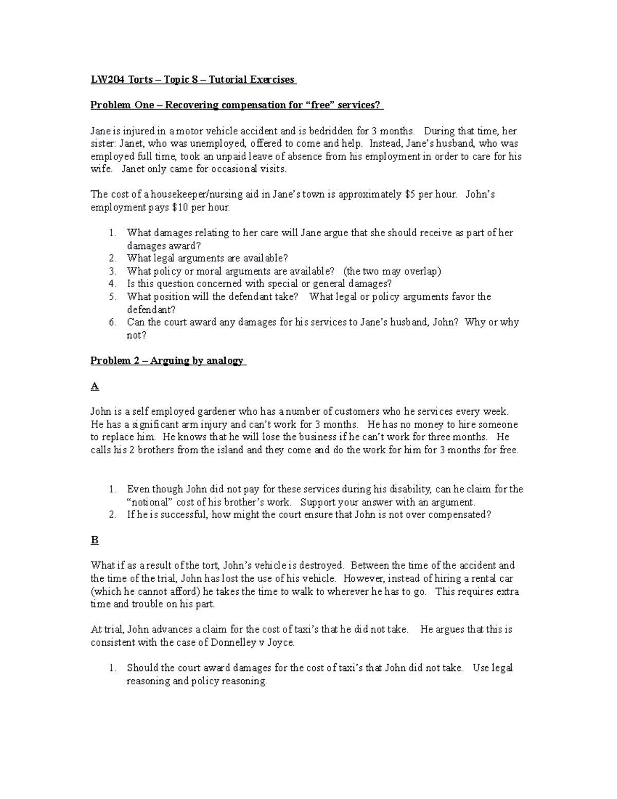 Topic 8 Tutorial Feedback - LW204 Torts – Topic 8 – Tutorial Exercises ...