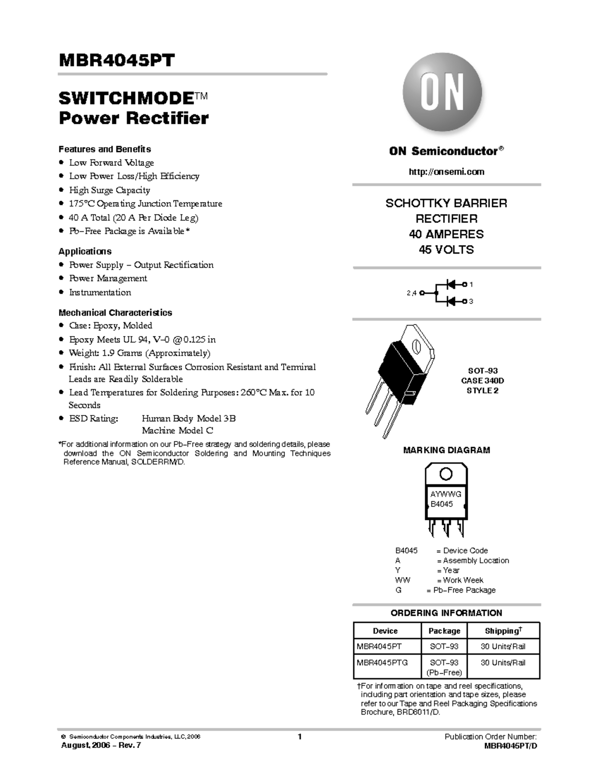 MBR4045PT-D - Radiologie - © Semiconductor Components Industries, LLC ...
