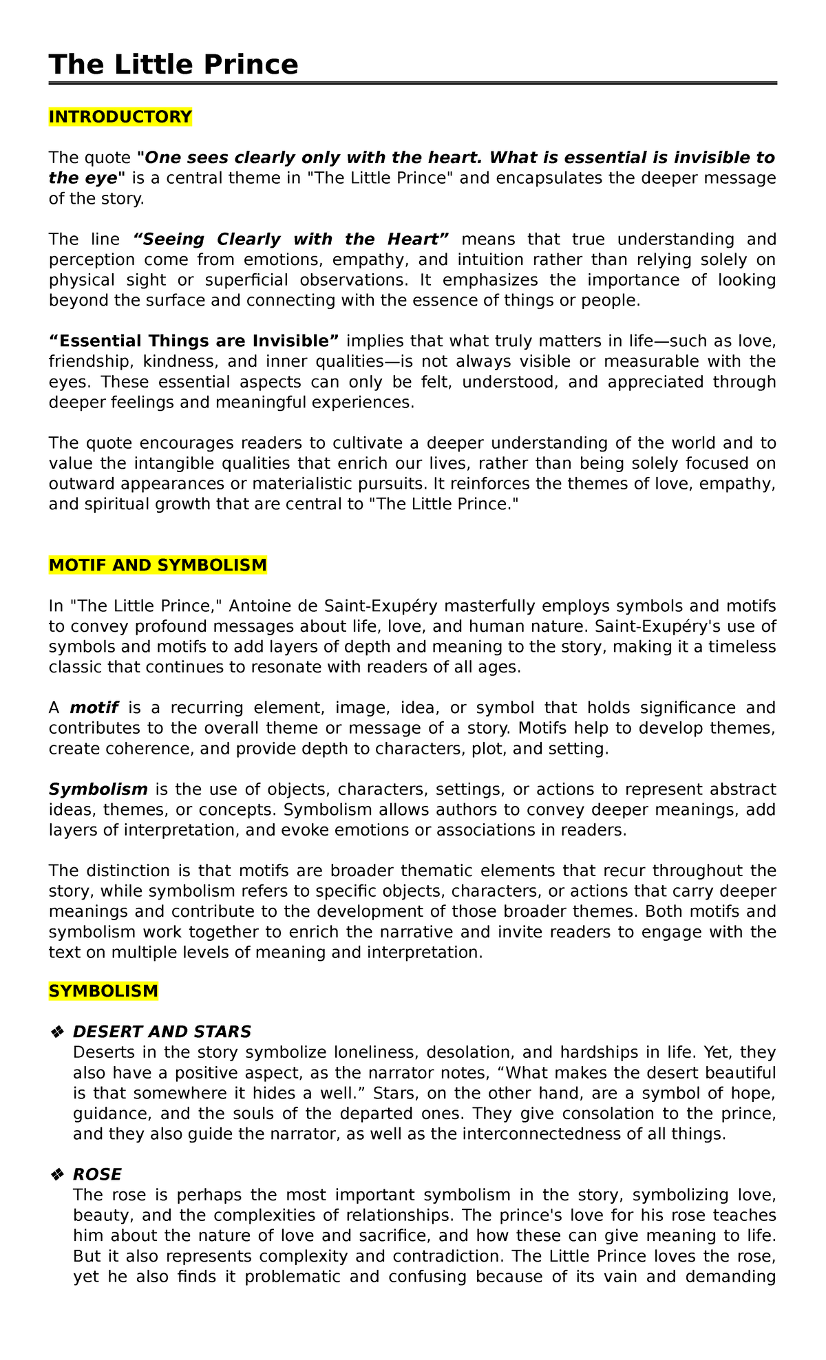 The Little Prince - The Little Prince INTRODUCTORY The quote "One sees ...