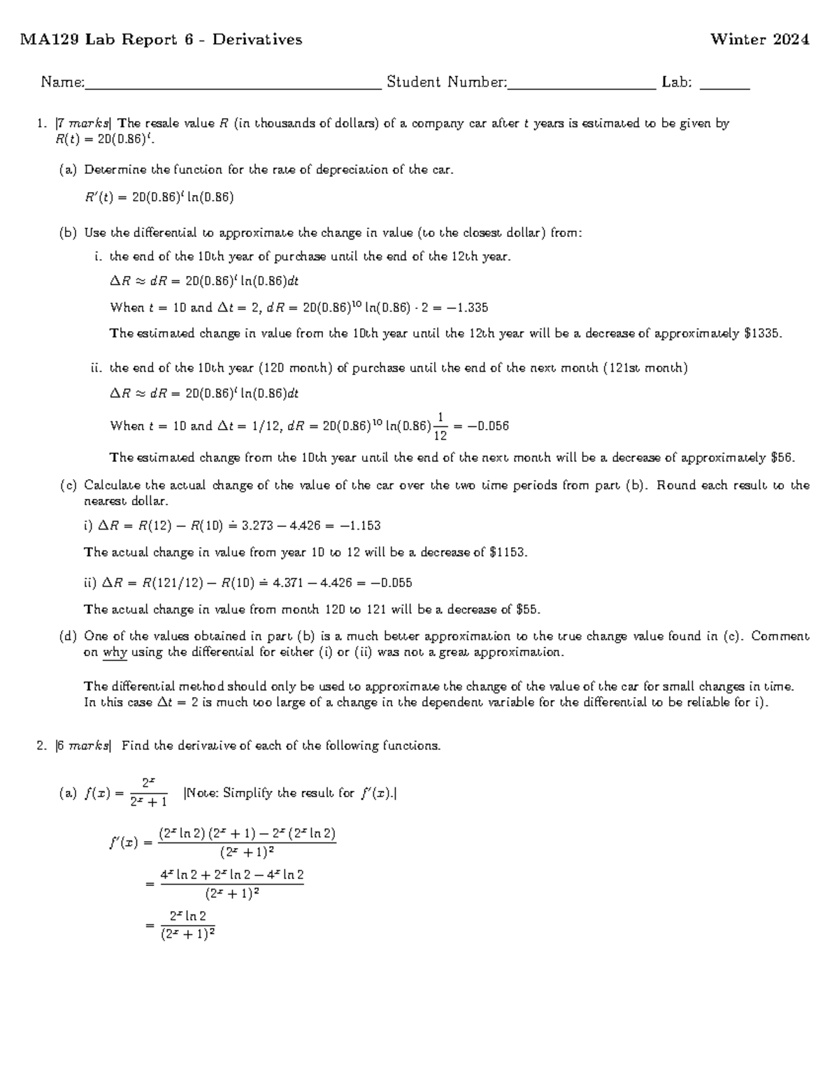 MA129 Lab 6 Solutions - MA129 Lab Report 6 - Derivatives Winter 2024 ...