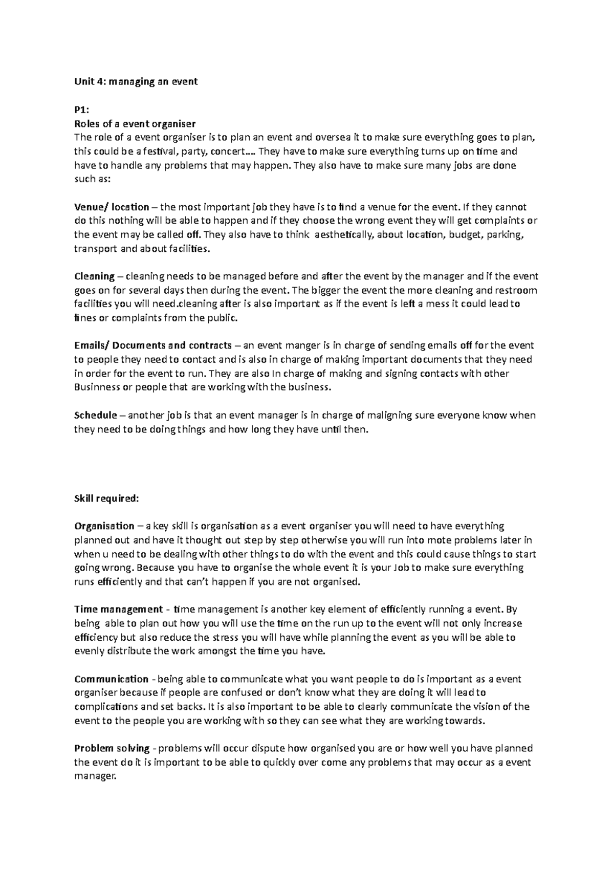 Unit 4 - svdf - Unit 4: managing an event P1: Roles of a event ...
