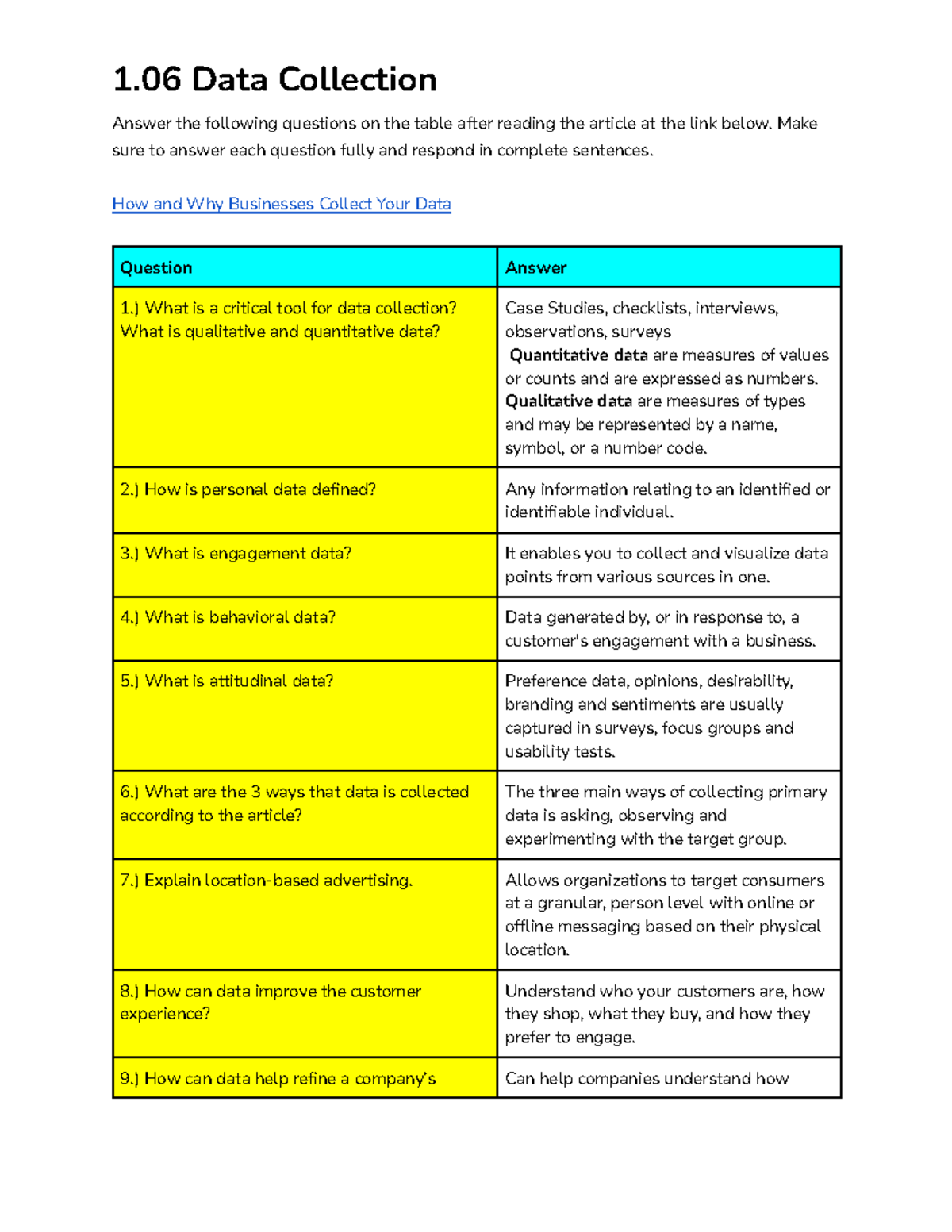 1.06 Data Collection - 1 Data Collection Answer the following questions ...