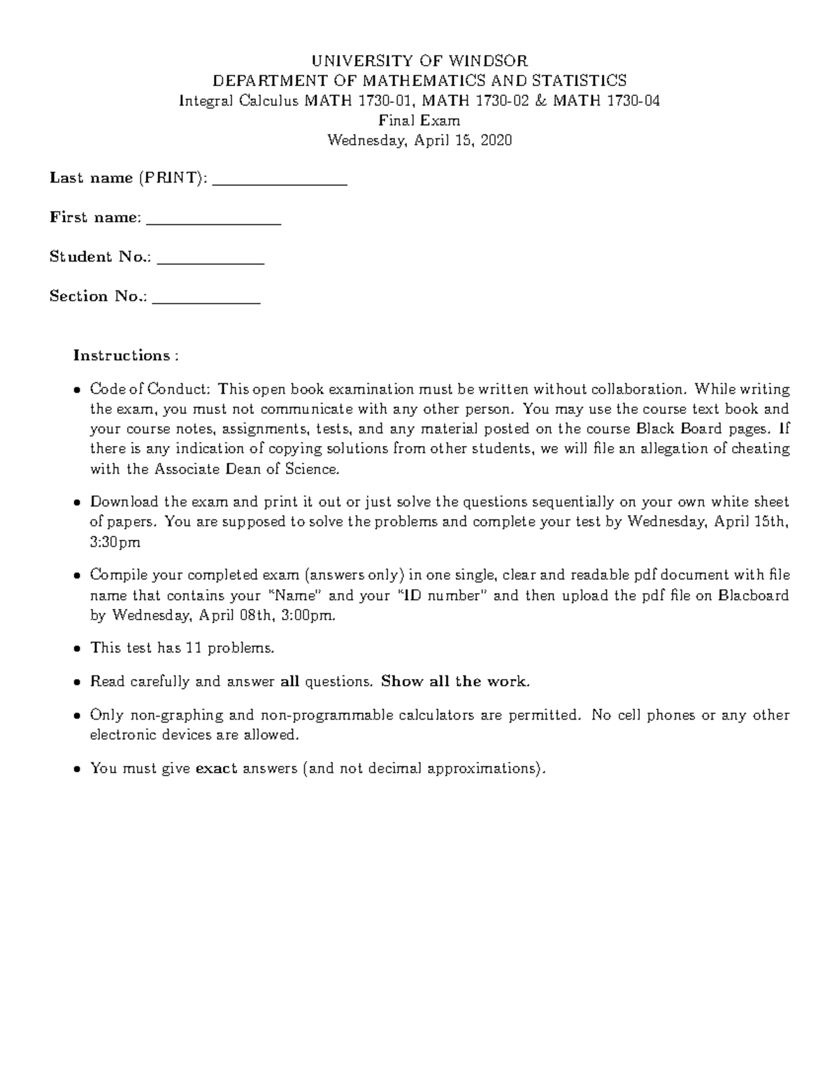 Final Winter 2020 University Of Windsor Department Of Mathematics And Statistics Integral