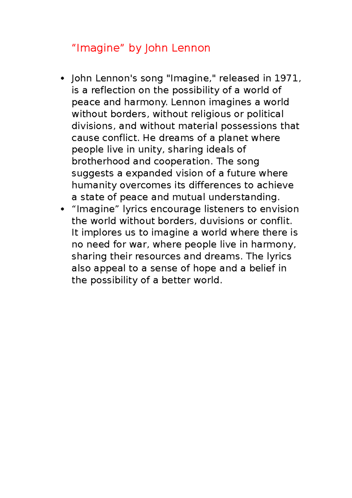 Imagine by John Lennon - “Imagine” by John Lennon John Lennon's song ...