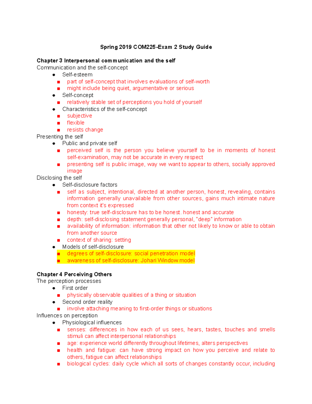 Exam Two - COM 225 An Intro to Interpersonal Communication - Spring 2019 COM225-Exam 2 Study ...