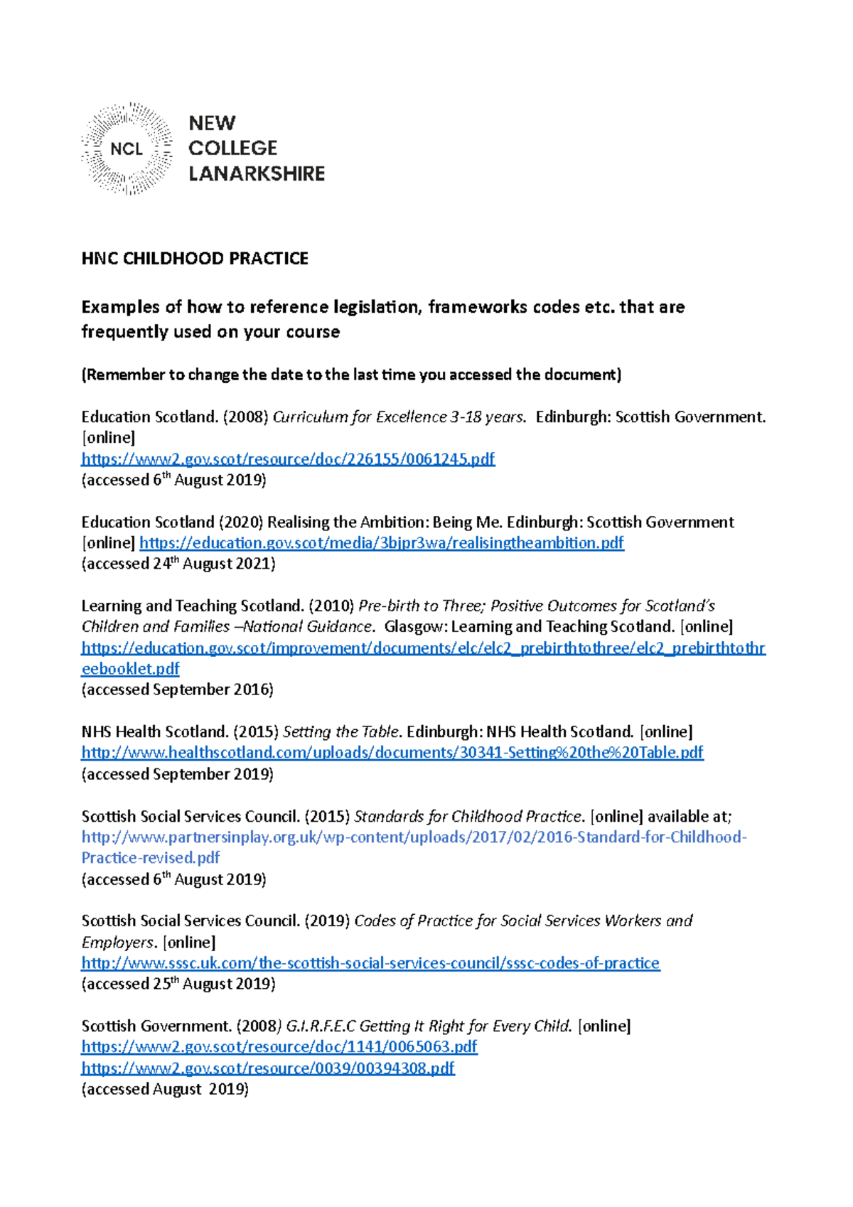 Example References of Current Frameworks, Codes Legislation - HNC ...