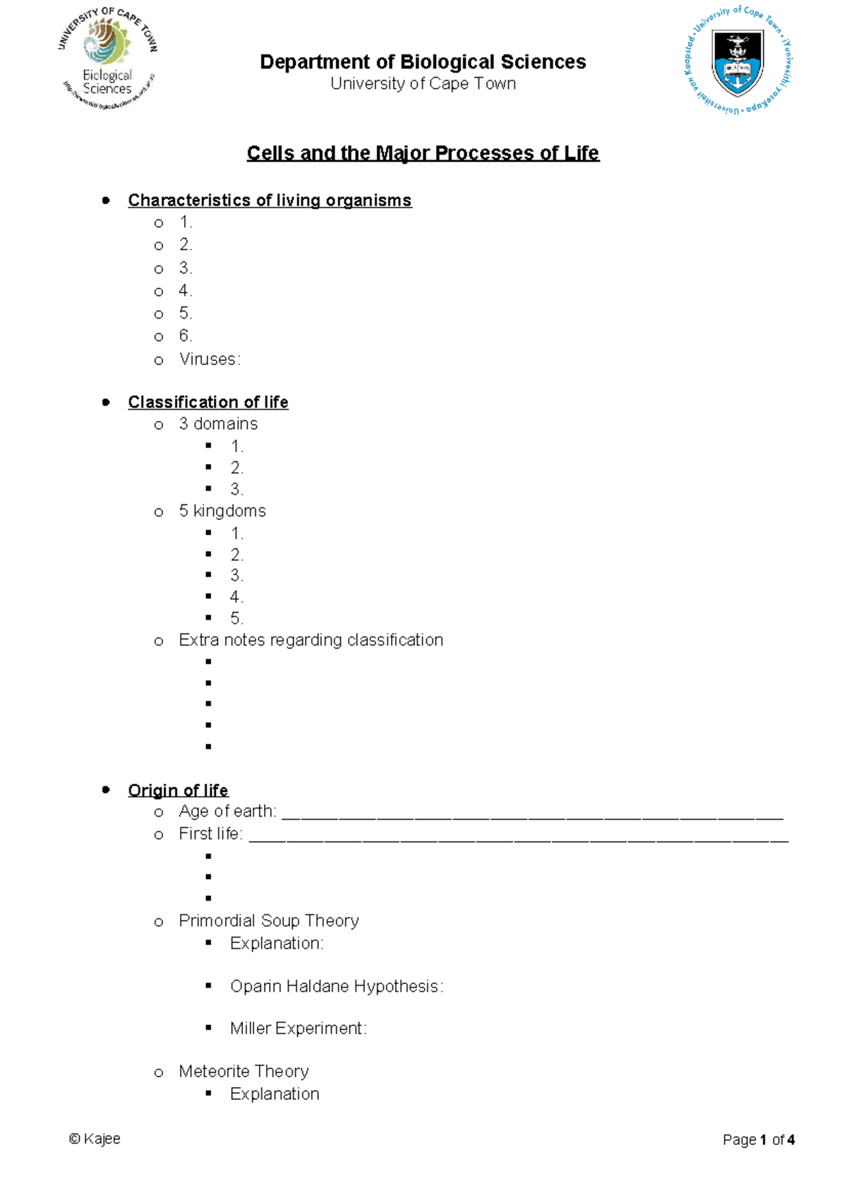 BIO1000 F Summary Guide Cells and the Major Processes of Life ...