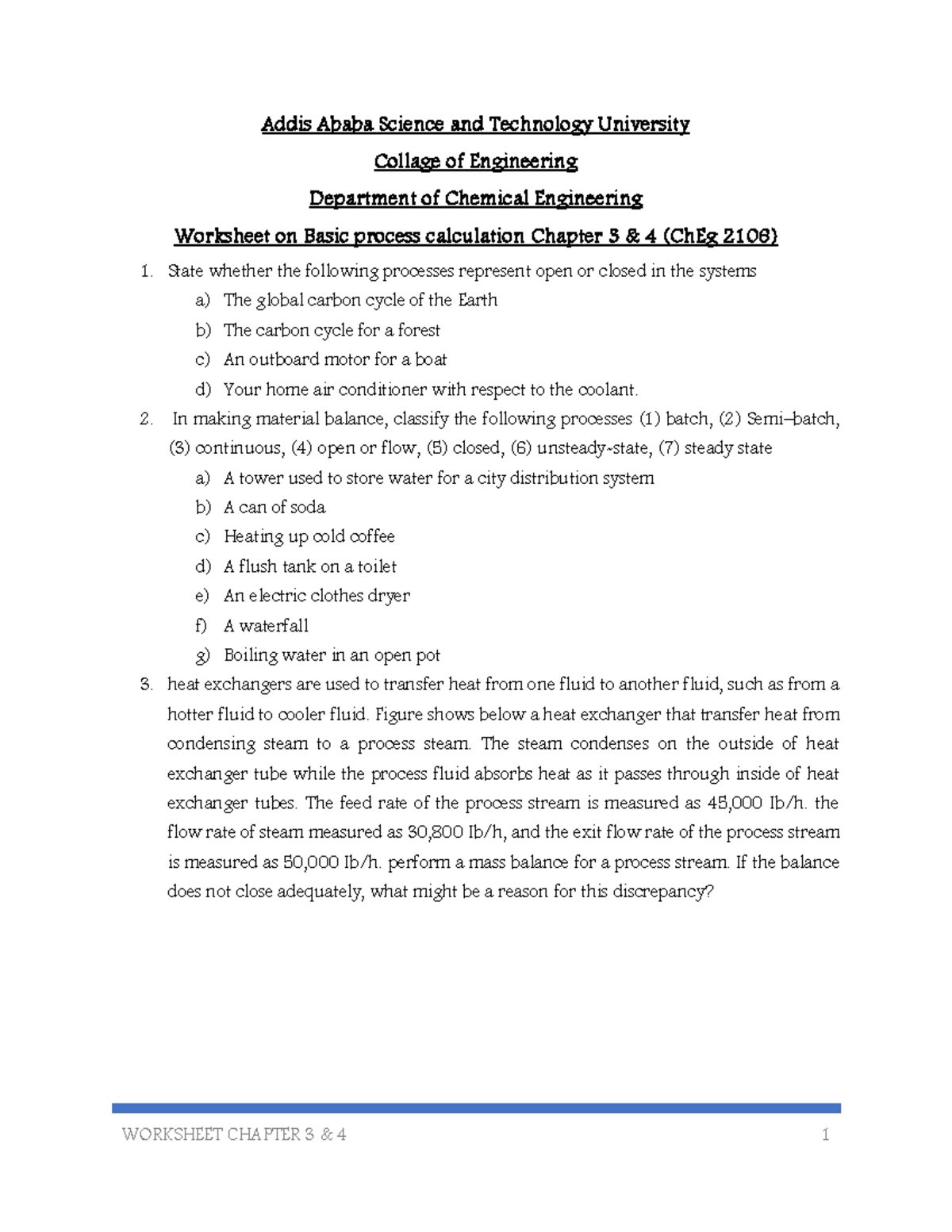 Worksheet u3 - Addis Ababa Science and Technology University Collage of Engineering Department ...