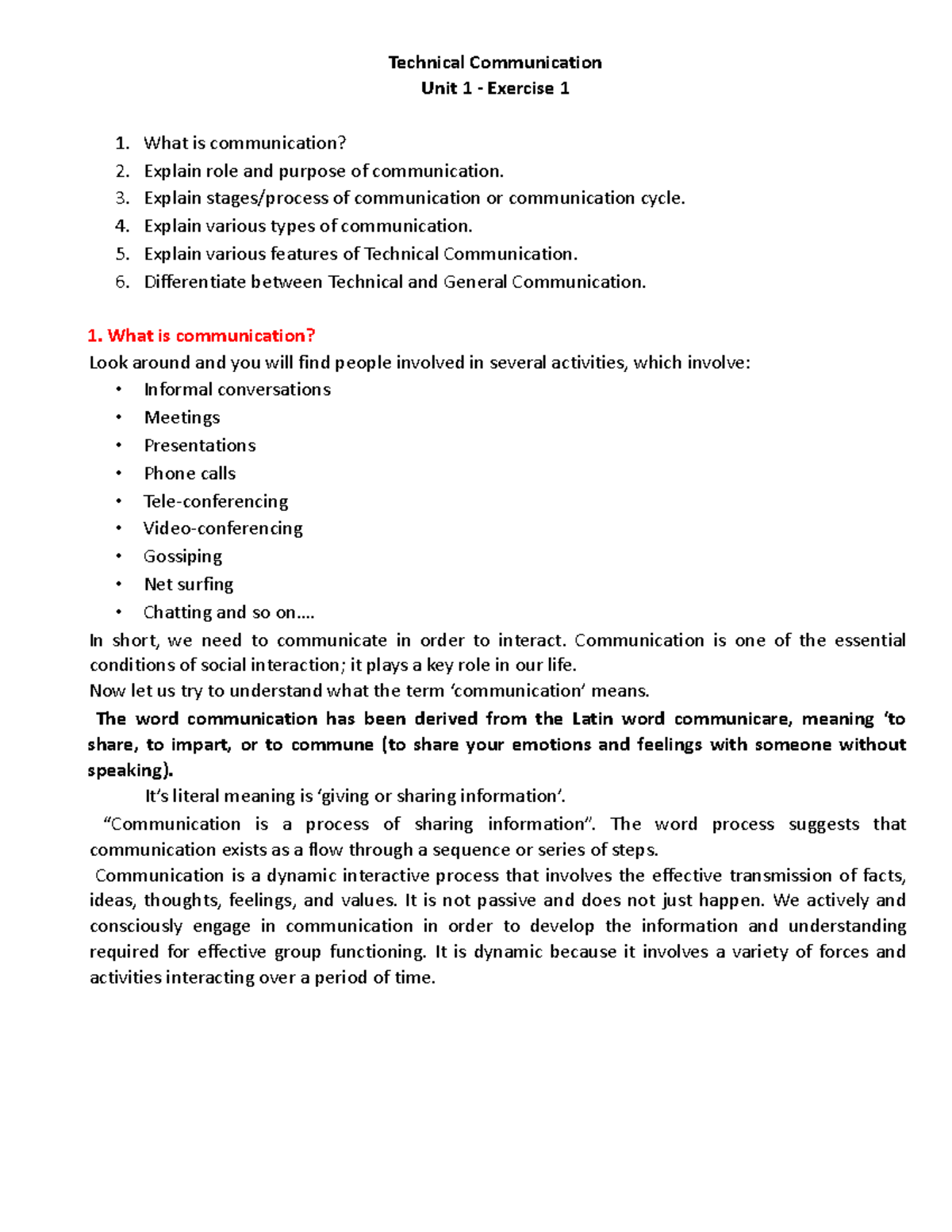 TC UNIT 1 Exercise 1 - Technical Communication Unit 1 - Exercise 1 What is communication ...