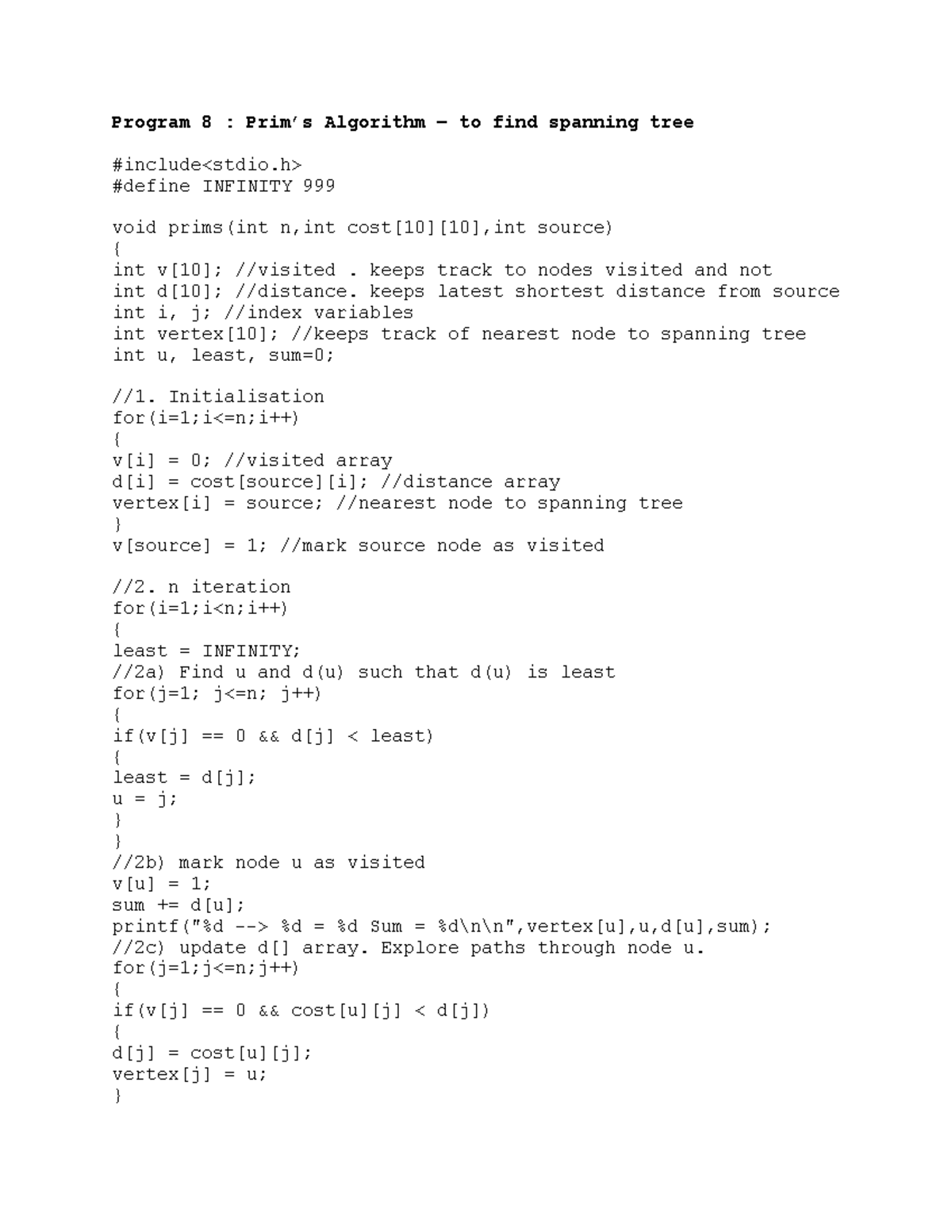 DAA Program 8 - 11 - Program 8 : Prim’s Algorithm – to find spanning ...