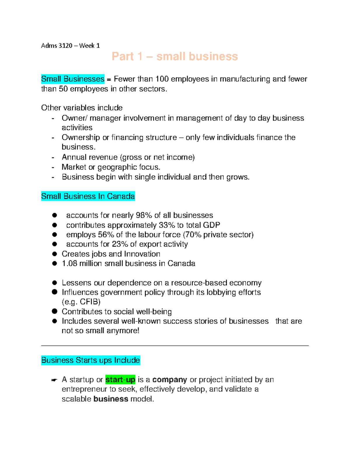 Adms 3120 - week 1 notes - Adms 3120 – Week 1 Part 1 – small business ...
