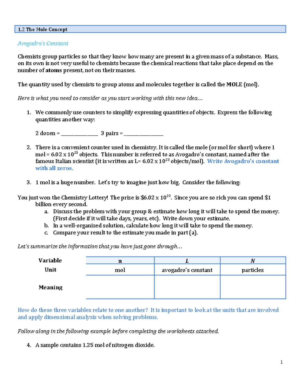 1.2 the mole concept - Avogadro’s Constant Chemists group particles so ...