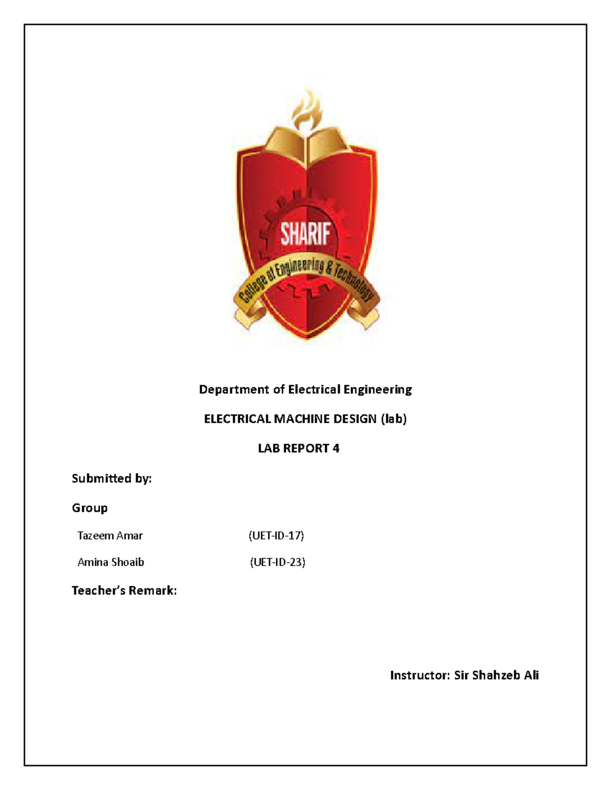 Machine design lab 4 - Department of Electrical Engineering ELECTRICAL ...