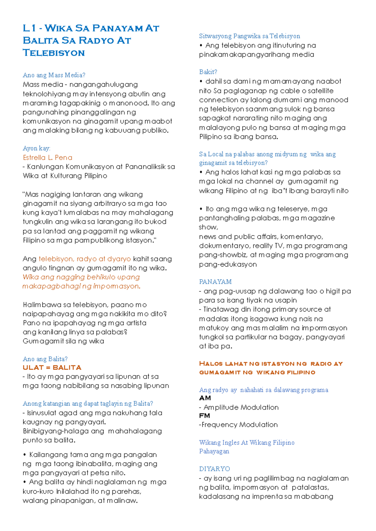 Komunikasyon - L1 - Wika Sa Panayam At Balita Sa Radyo At Telebisyon ...