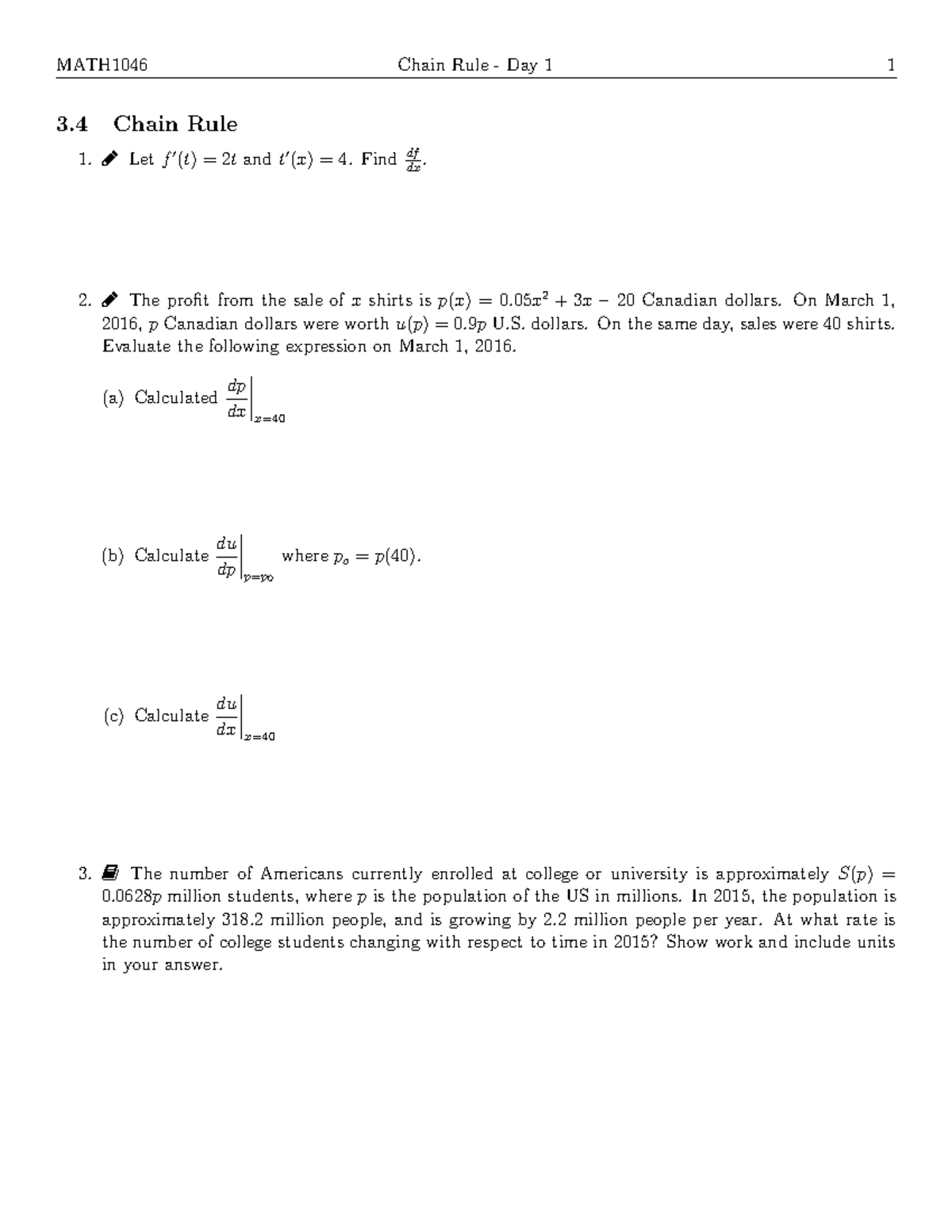 business calc Practice 3.4.1 - 3 Chain Rule Ò Let f ′ (t) = 2t and t ...