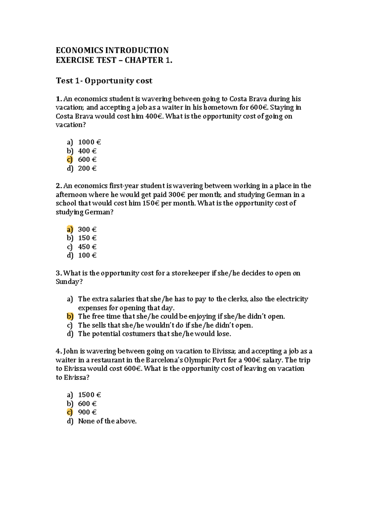 Chapter 1 Multichoice Questions - ECONOMICS INTRODUCTION EXERCISE TEST ...