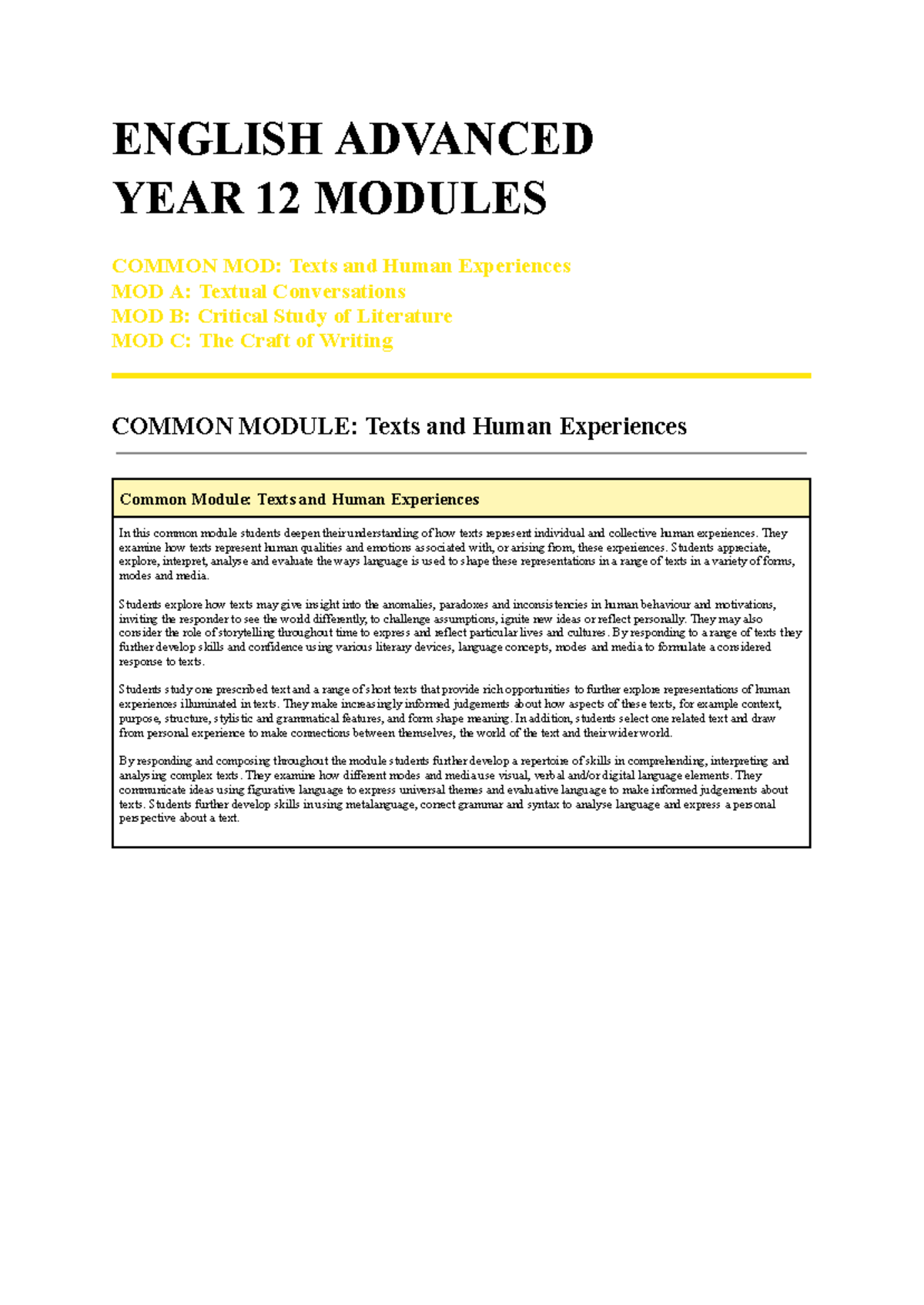 Year 12 English Advanced Modules - ENGLISH ADVANCED YEAR 12 MODULES ...