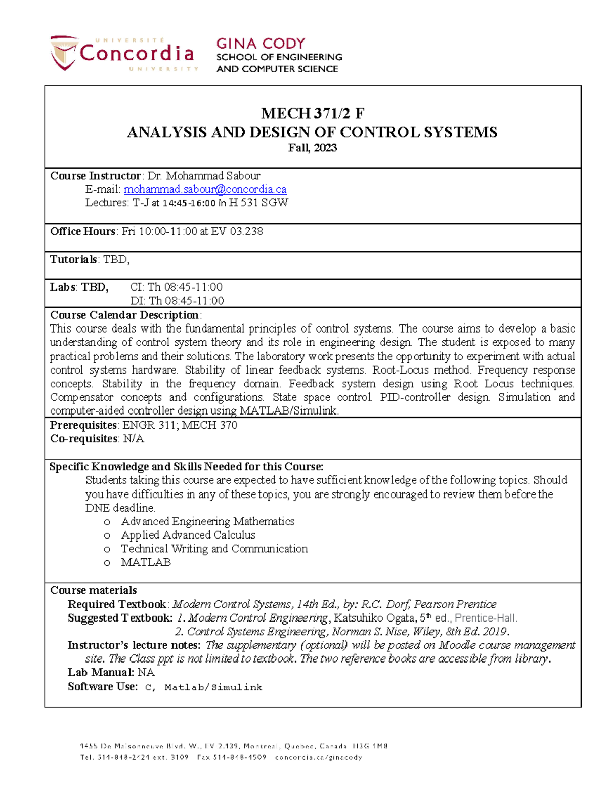 MECH371 Course outline - MECH 371/2 F ANALYSIS AND DESIGN OF CONTROL ...