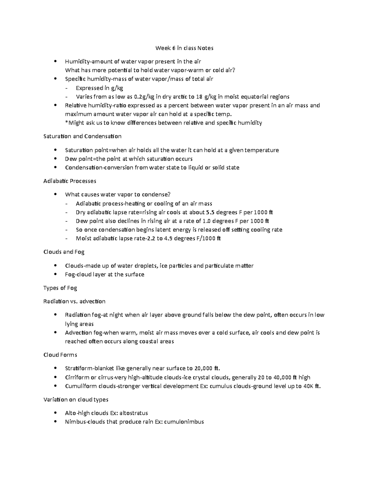 Week 6 and 7 in class Notes - Week 6 in class Notes Humidity-amount of ...