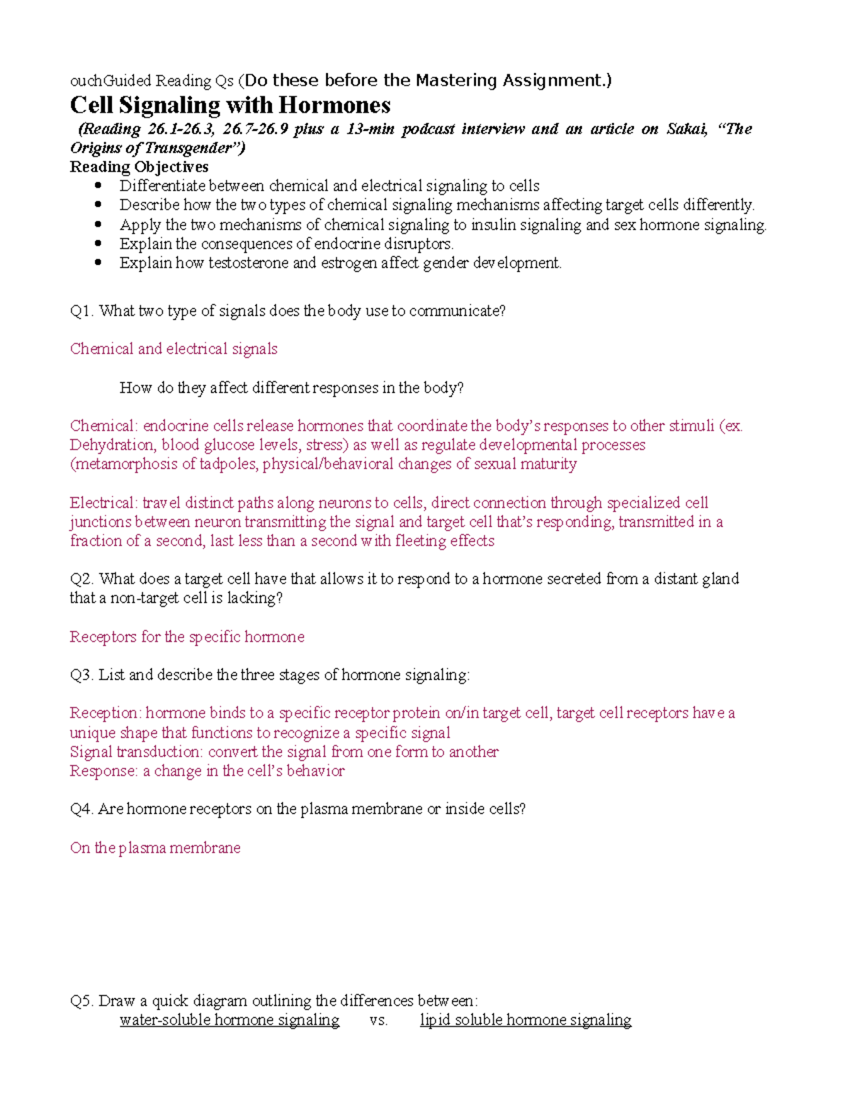 Guided Reading Questions 5: Cell Signaling with Hormones - ouchGuided ...
