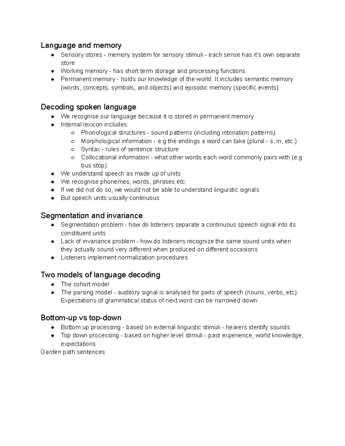 Lecture 5 - language and mmemory, decoding notes - Language and memory ...