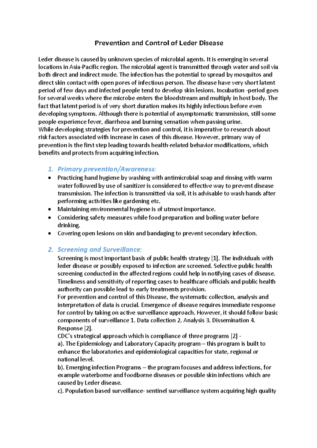 Assessment 2A- Leder Disease - Prevention and Control of Leder Disease ...