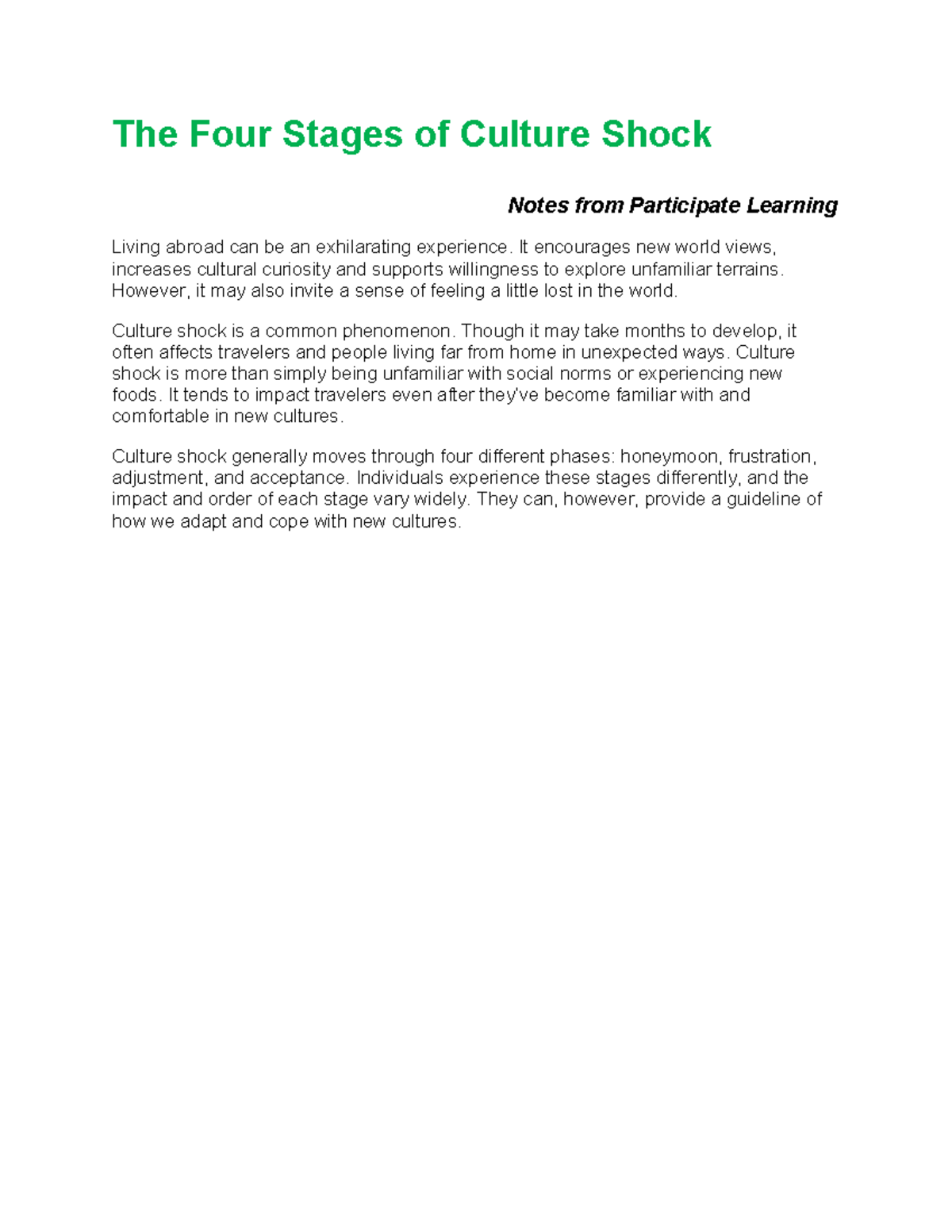 The Four Stages of Culture Shock - It encourages new world views ...