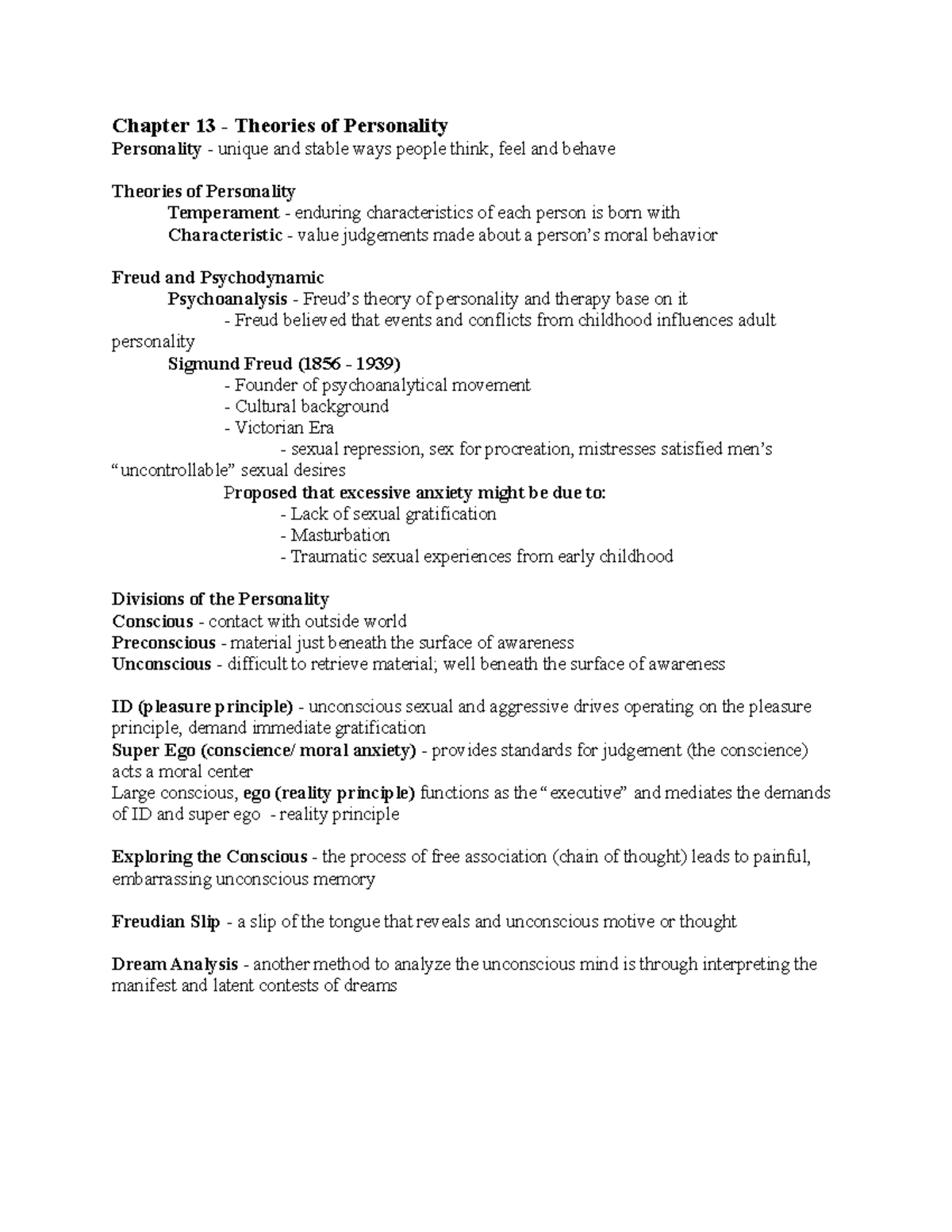 Intro to Psychology Notes: Chapters 4, 12-13 - Chapter 13 Theories of ...